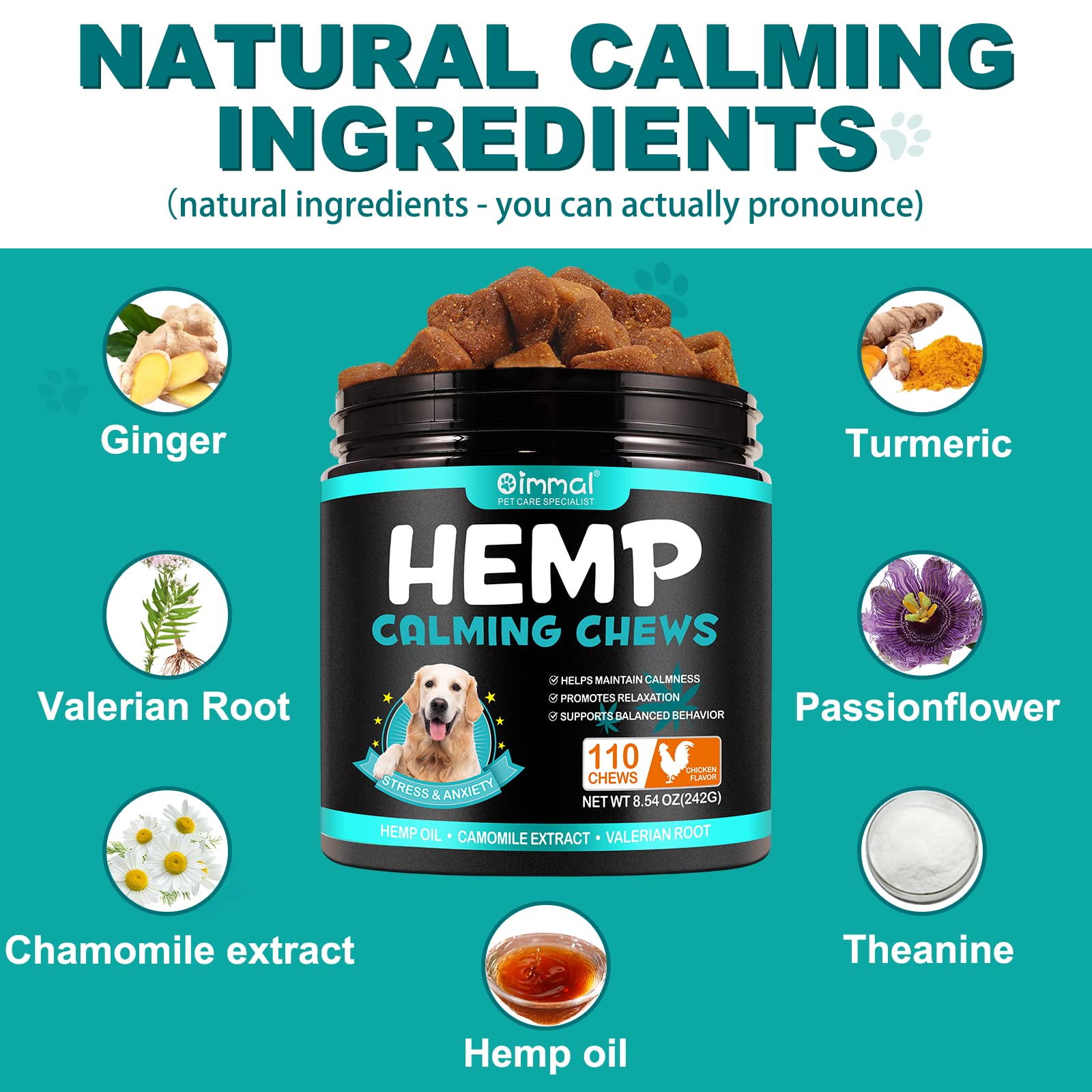 Bieyoc Calming Chews for Dogs, Pet Care Calming Chews for Dogs, Natural Ingredients Calming Dog Treats (Chicken)