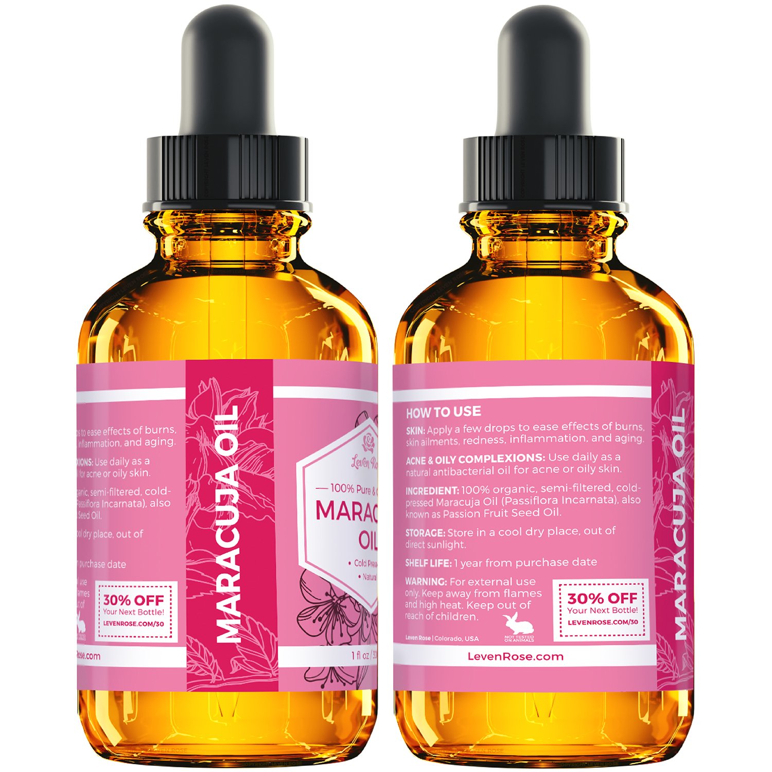 Leven Rose Maracuja Oil, Passion Fruit Seed Oil 100% Natural Moisturizer for Hair Skin and Nails 1 oz