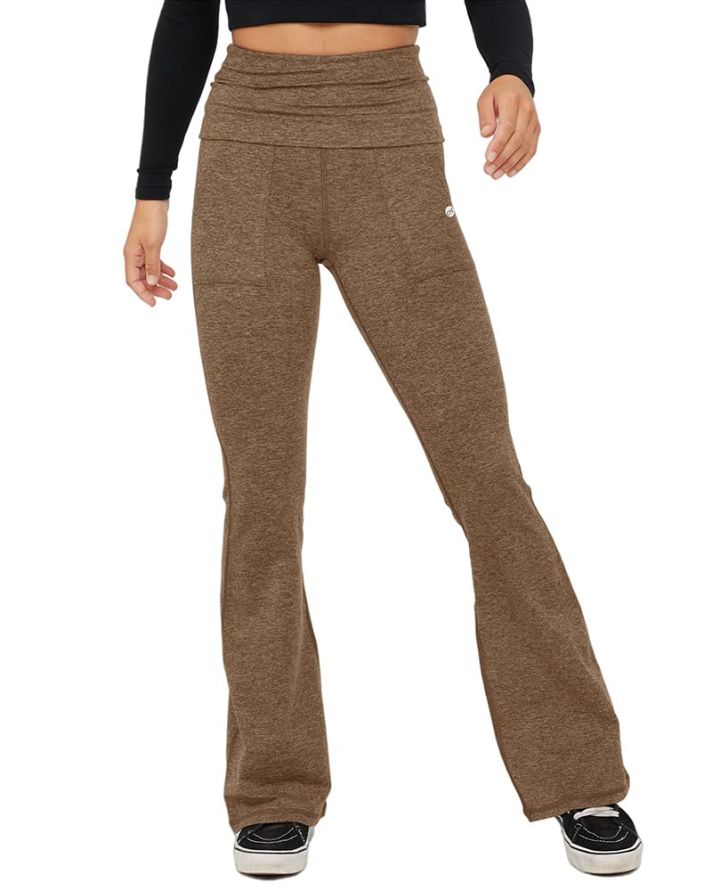 Aurgelmir Womens Flare Yoga Pants High Waisted Foldover Workout Leggings with Pockets Tummy Control Bell Bottom Pants Brown