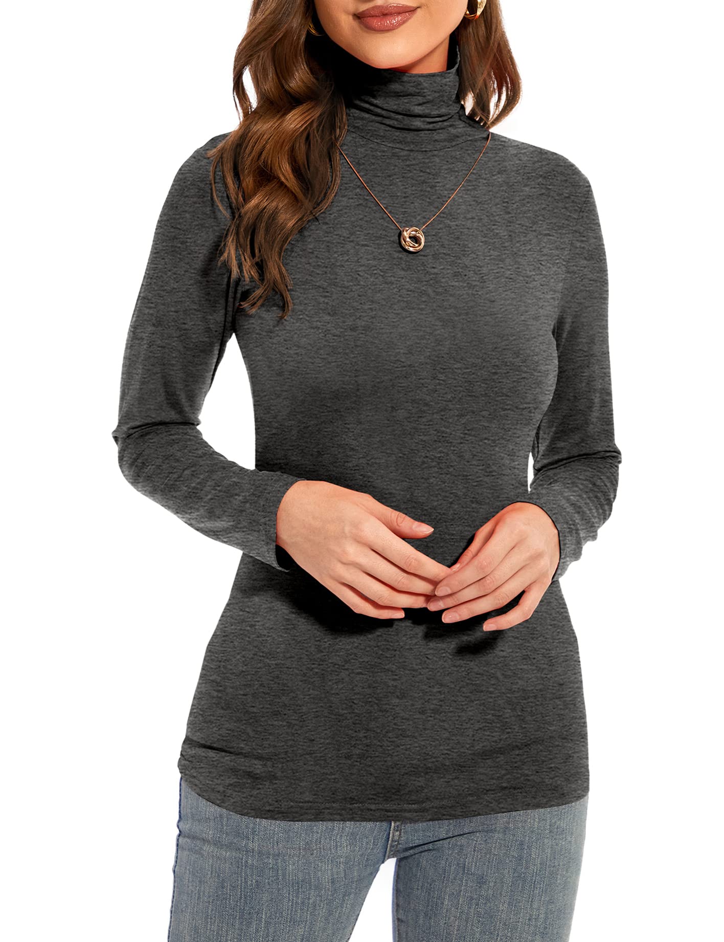 Anyeager Grey Turtleneck for Women Long Sleeve Tops for Women Fitted Turtleneck Sweater Scrub Undershirts for Women Dark Grey Large