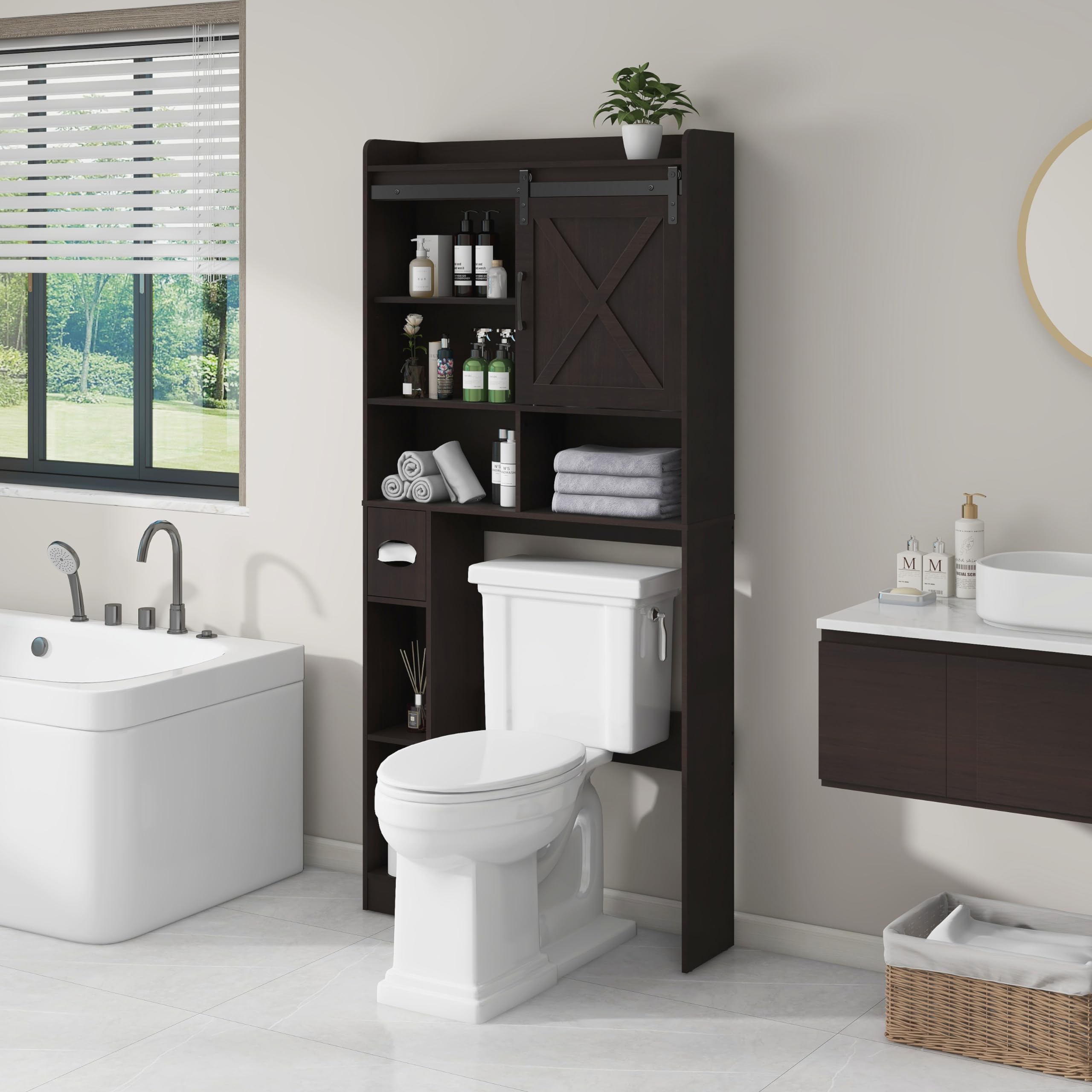 Befrases Over The Toilet Storage Cabinet, Farmhouse Storage Cabinet Over Toilet with Sliding Doors & Toilet Paper Holder Stand,Home Space-Saving Toilet Rack, for Bathroom, Laundry, Restroom(Espresso)
