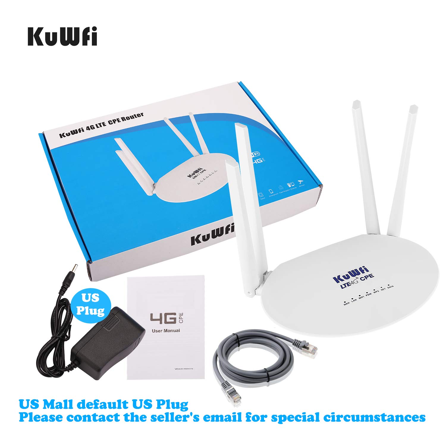 KuWFi 4G LTE Router with SIM Card Slot, 300Mbps Unlocked Wireless WiFi Internet Routers with 4pcs Non-Detachable Antennas for USA/CA/MX[Not for Verizon]