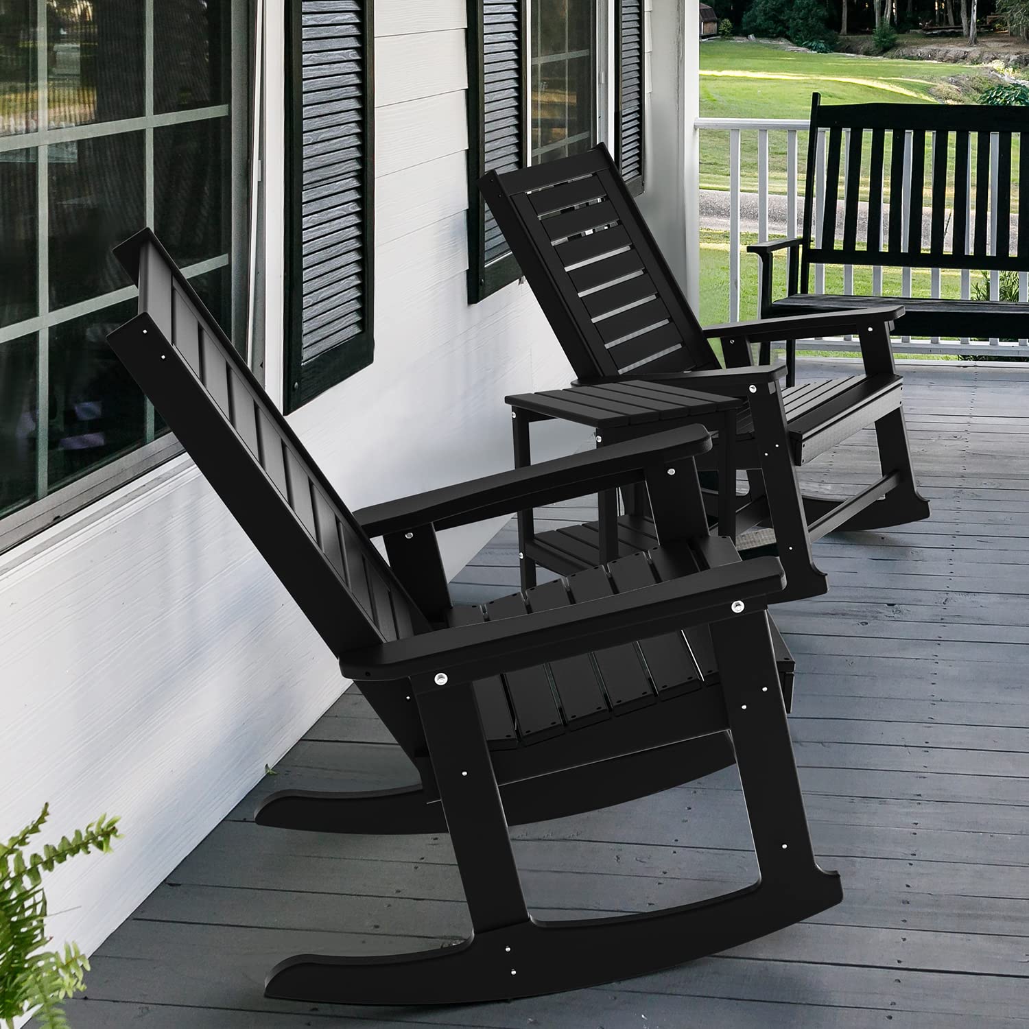 GREENVINES Oversized Rocking Chair, All Weather Resistant Outdoor Indoor Fade-Resistant Patio Rocker Chair,Stable Durable Smooth Rocking, Comfortable Easy to Maintain, Load Bearing 350 lbs (Black)