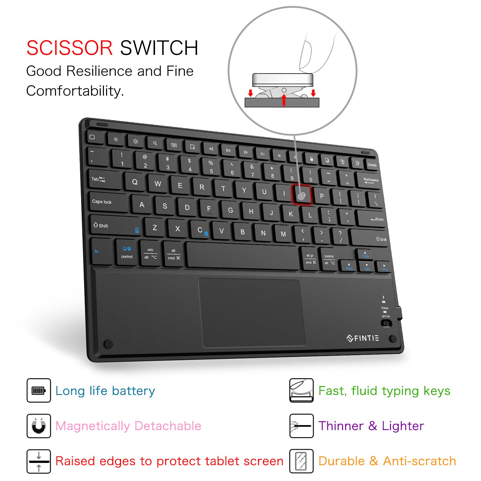 Fintie Ultrathin 4mm Wireless Bluetooth Keyboard with Built-in Multi-Touch Touchpad for iPad, iPhone, Samsung Galaxy, Nexus, Microsoft Surface, HP and Other Bluetooth Devices [Retail Packaging]