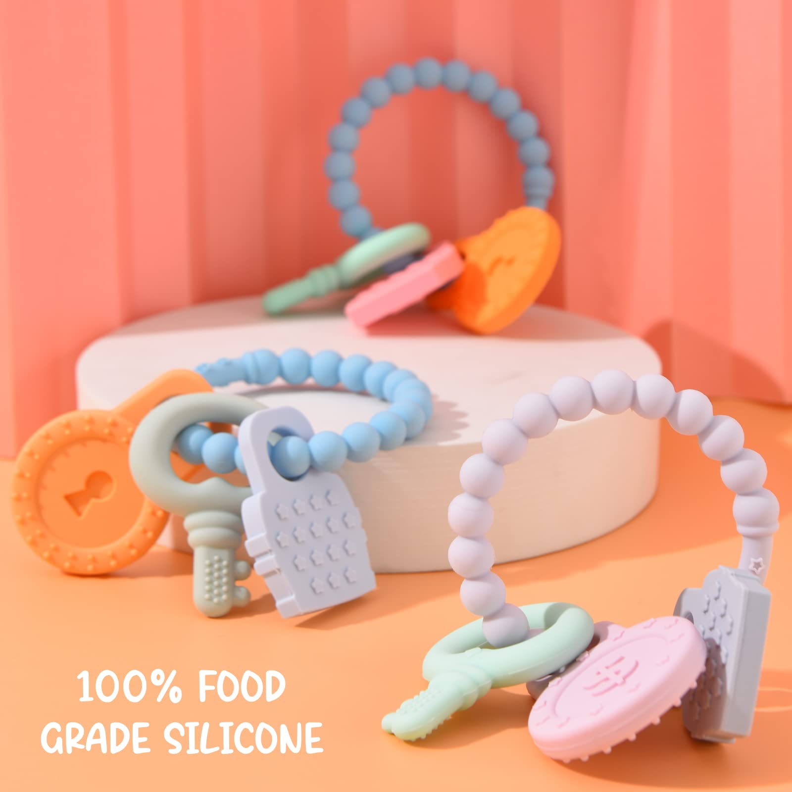 Baby Teething Toys, Silicone Chewable Teethers with Wooden Ring for Soothing Babies Gums, Shower Gift for lnfants & Toddlers, 3+ Months (Ring-Key 1)