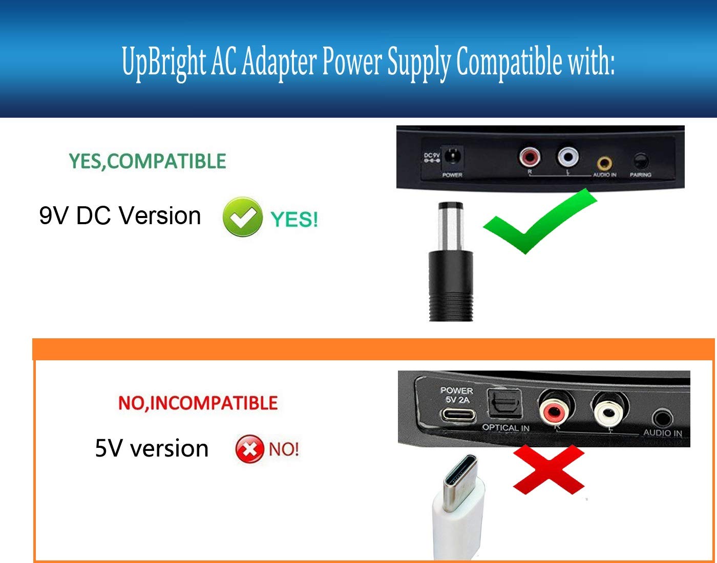 UpBright 9V AC/DC Adapter Compatible with Serene Innovations TV-SB TVSB 1508 TVSB-APTR TV SoundBox TVSoundBox Wireless Sound Box Speaker SB1001-OI SB1001-01 7.4V Battery DC9V 1.5A Power Supply Charger