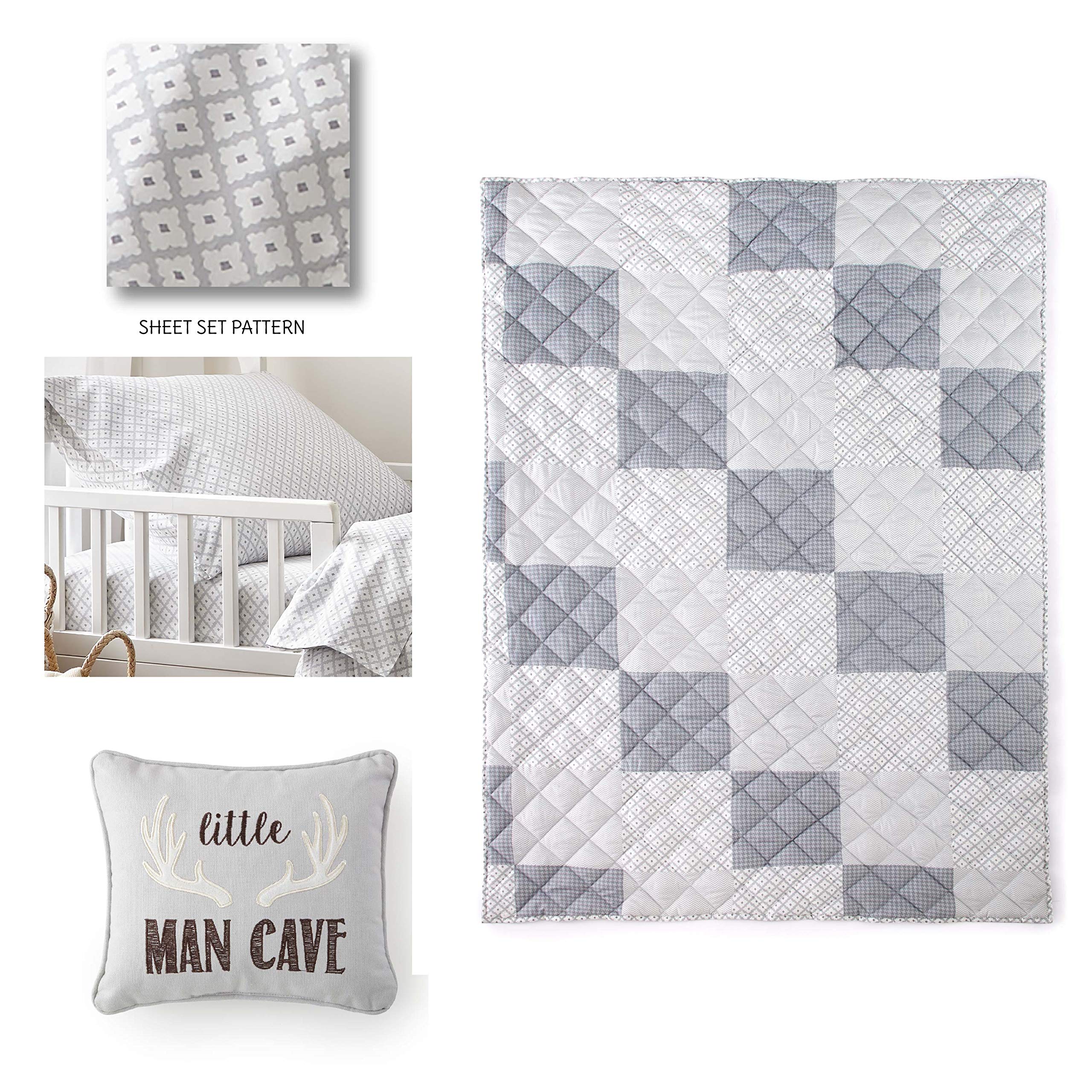 Levtex Baby Kids Little Man Grey, White, Deer, 5 Piece Toddler Bedding Set - Kids Bedding- Reversible Quilt, Fitted Sheet, Flat Sheet, Pillowcase, Decorative Pillow