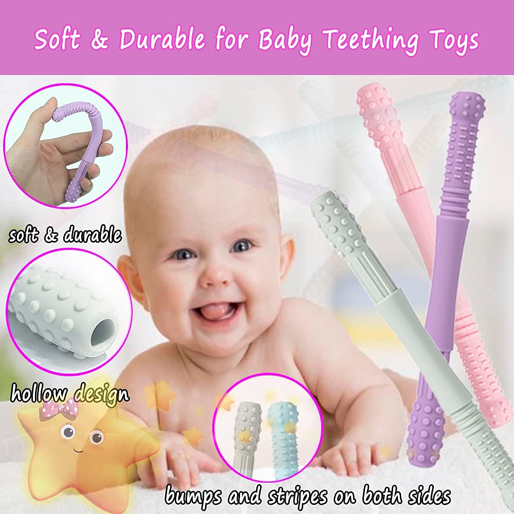 Honboom Soft Silicone Teething Tubes, 5 Pack Hollow Baby Teether Tubes, Baby Chew Straw Toy Soothing Teether Toy for Babies 0-12 Months with a Cleaning Brush, BPA Free (6.69 in)