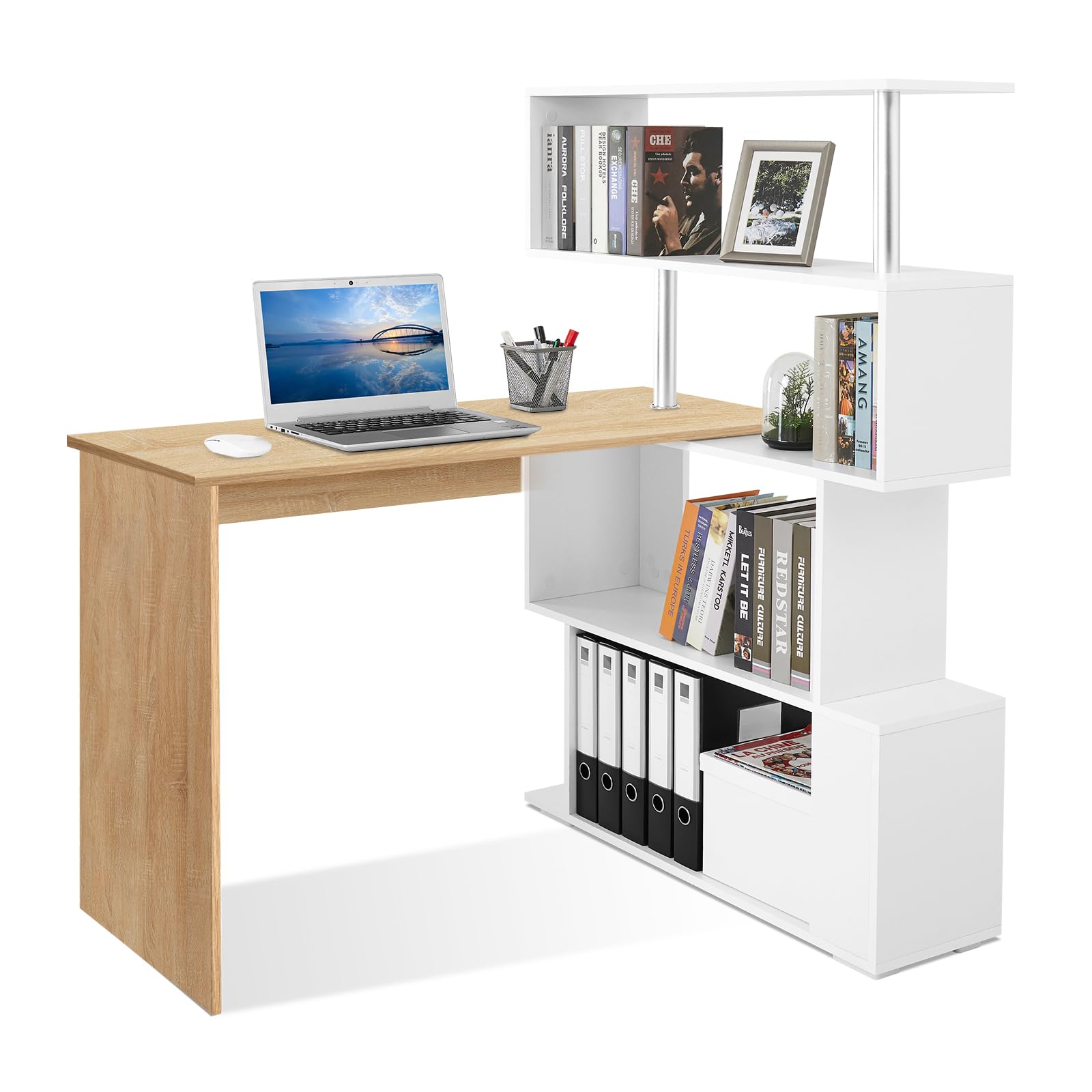 Mondeer 41.7" L Shaped Desk with 4-Tier Storage Shelves, Computer Corner Desk for Study Home Office Living Room (Oak and White)