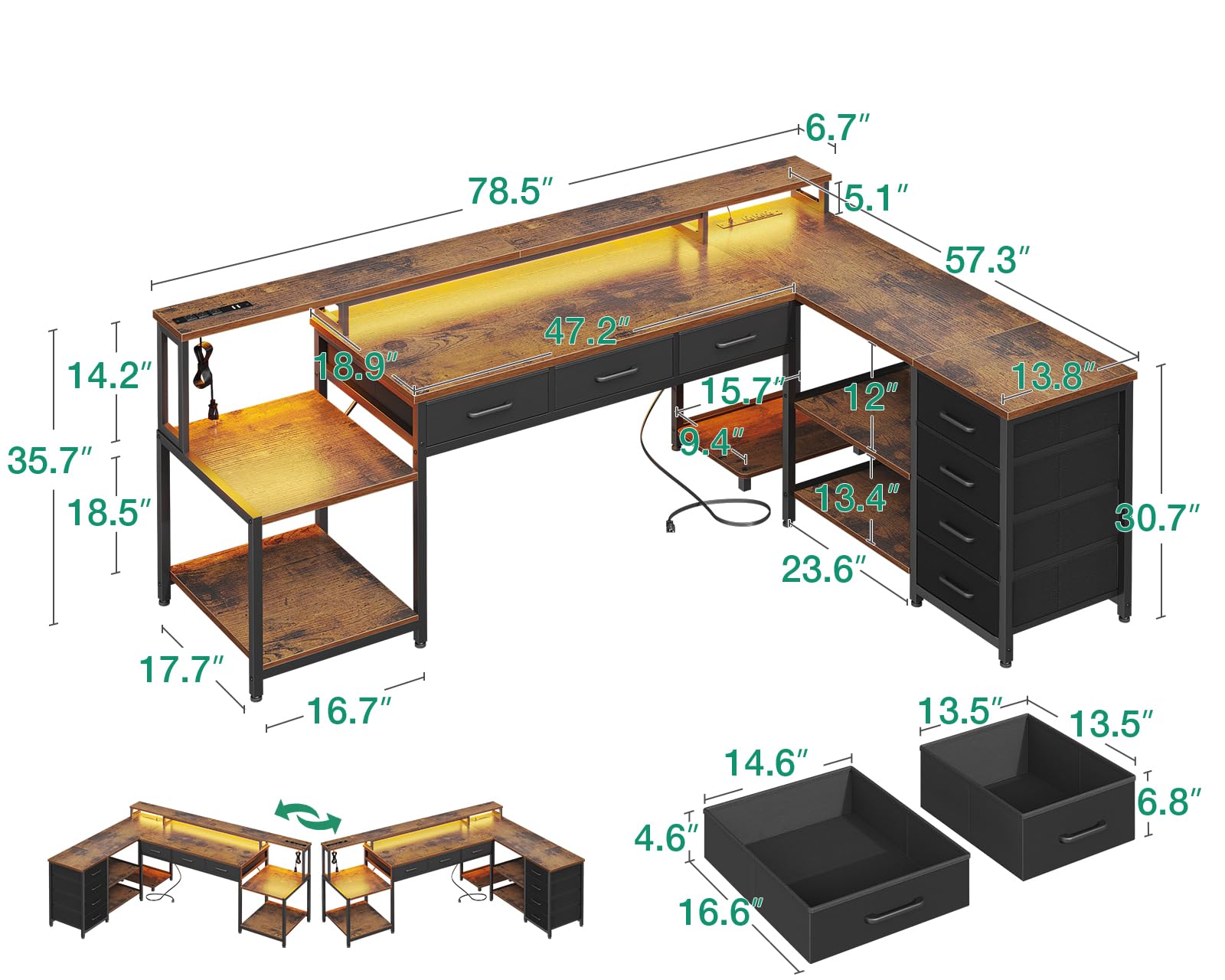 AODK 79" L Shaped Desk with 7 File Drawers, L Shaped Computer Desk with 2 Power Outlets & Monitor Shelf, Home Office Desk with Storage Shelves, Reversible Gaming Desk with LED Light, Vintage