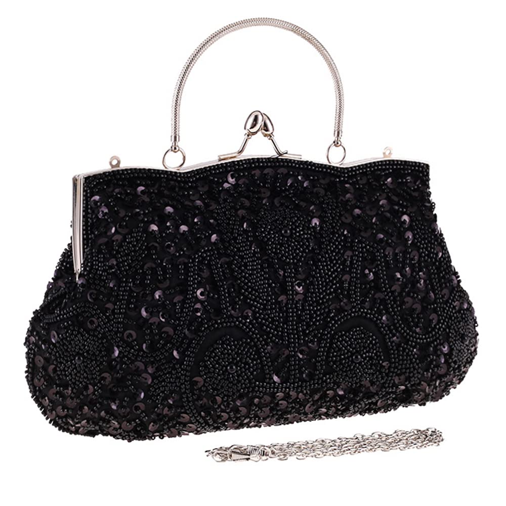 Gionforsy 1920s Flapper Handbag Evening Clutch Bag for Wedding Cocktail Dance Party Roaring 20s Gastby Beaded Bag (Style2-Black)