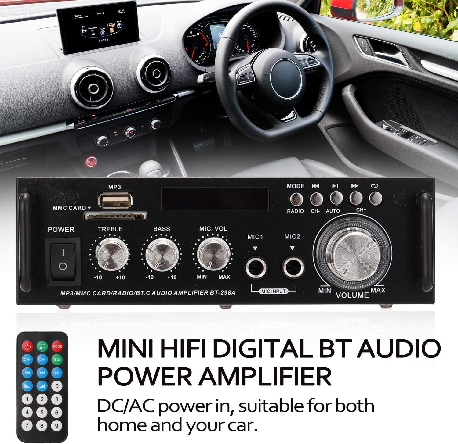 Etlephe 298A Mini Bluetooth 5.0 Stereo Amplifier,Amplifier home Audio,Audio Receiver,300W+300W 2 Channel Power Sound Receiver/USB,SD Card,FM Radio,2 Mic for Home Speakers & Theater System-12V 110V