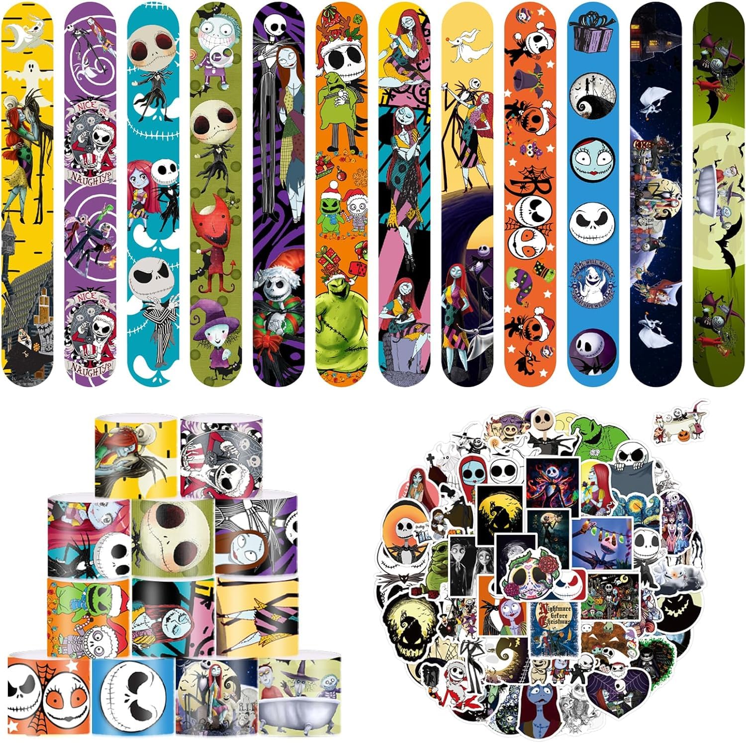 QWAERPLPN 48PCS Nightmare Before Christmas Slap Bracelet and 50PCS Nightmare Party Stickers for Kids Baby - The Nightmare Before Christmass Birthday Party Supplies Favors Children/Kids/Adults (98PCS)