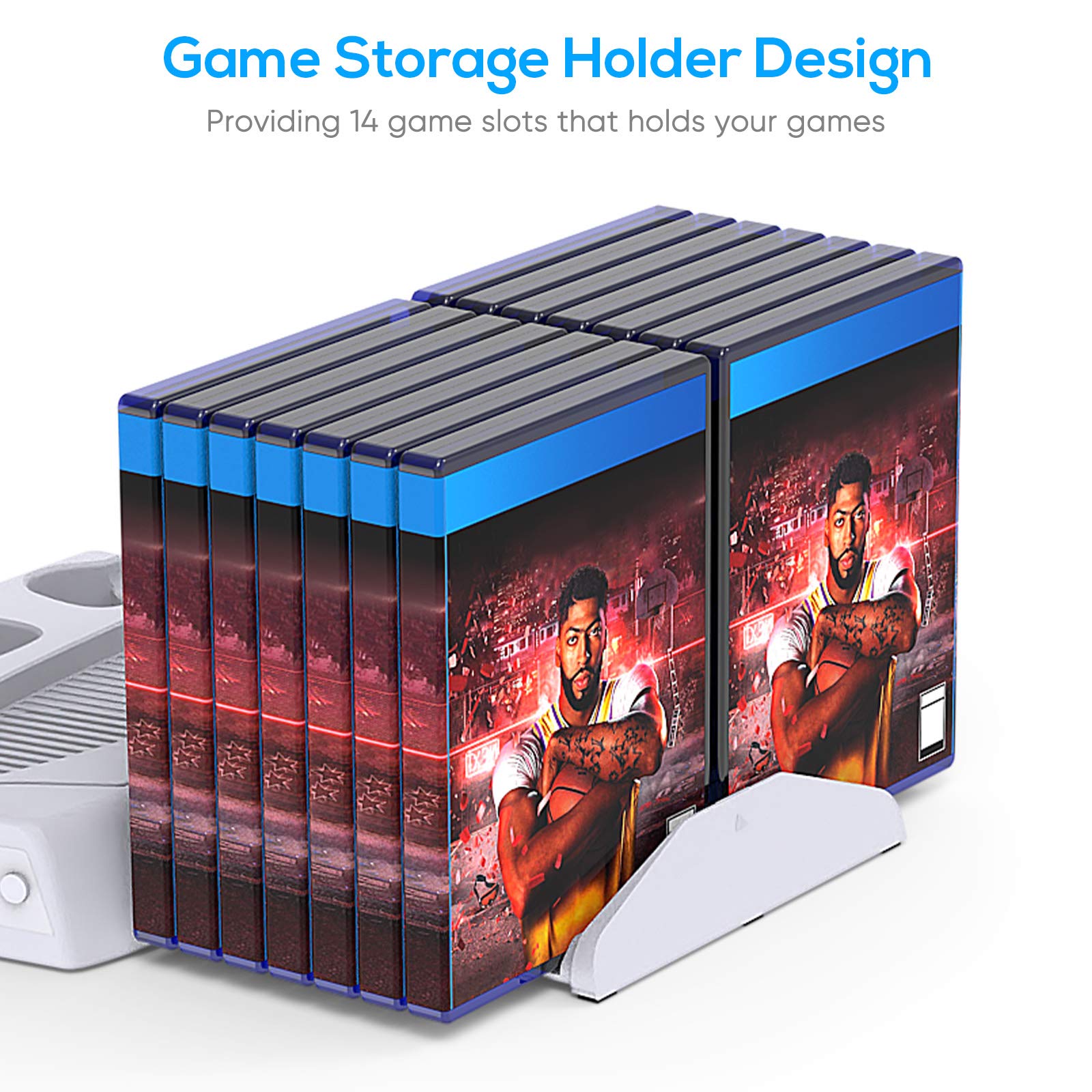 MENEEA Vertical Stand for PS5 Digital Edition/Ultra HD with Dual Controller Charging Station & Suction Cooling Fan & 14 Retractable Game Slots, for PS5 Gaming Accessories for PS5 Console