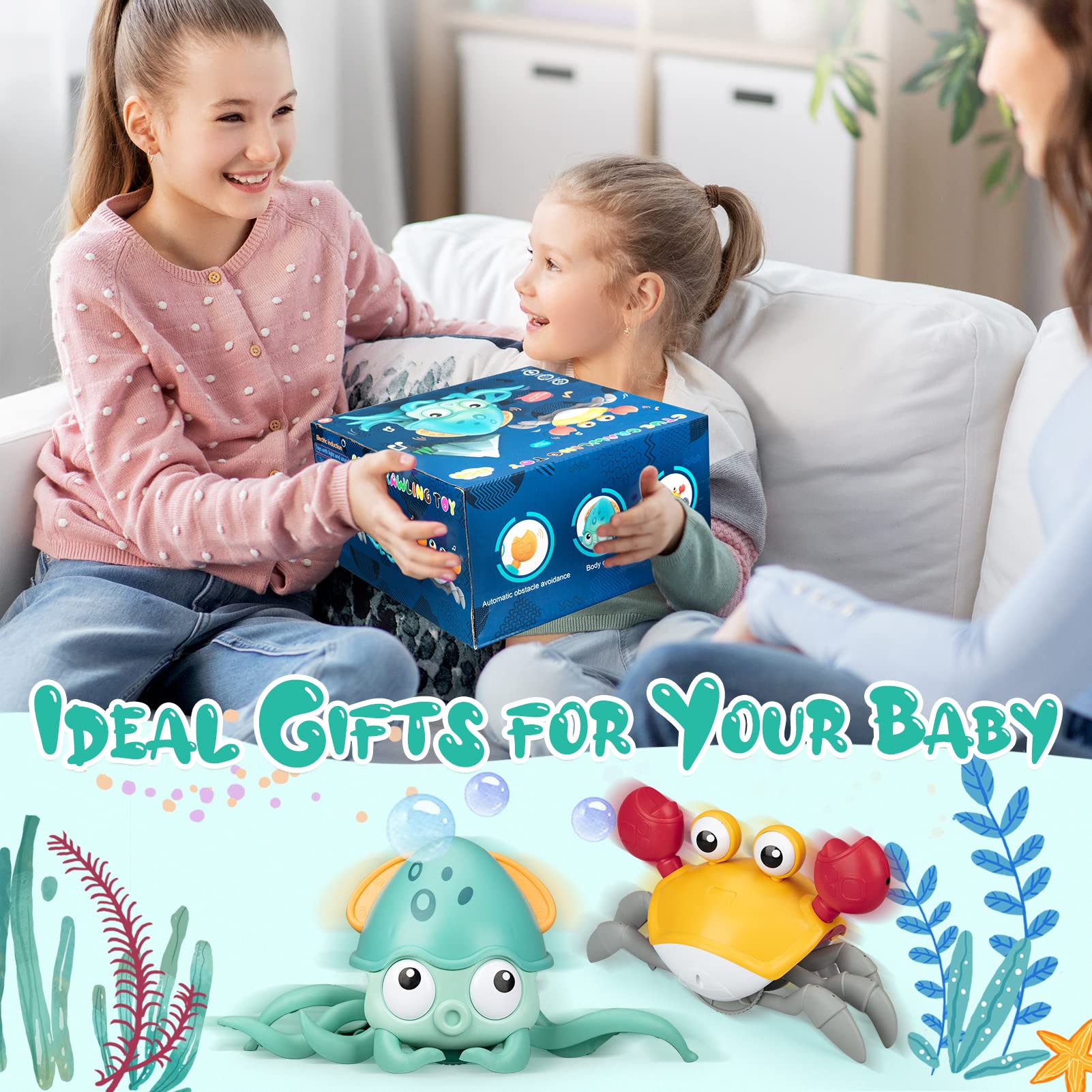 Baby Toys Crawling Crab and Octopus, Toddler Crawling Toys Automatically Avoid Obstacles, LED Light and Music Guide Baby to Crawl, Infant Toys Interactive Learning Development for Newborn Boys Girls