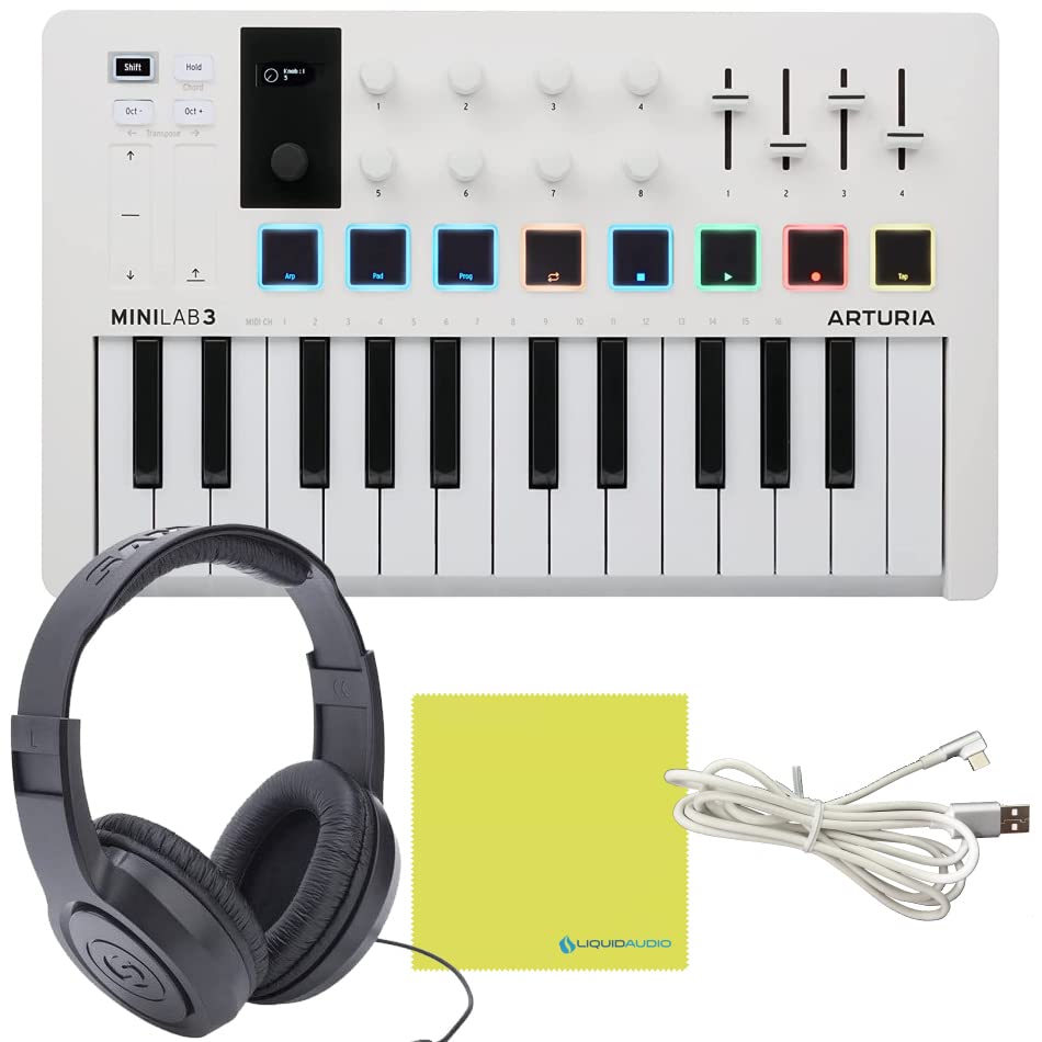 Arturia MiniLab 3 MIDI Keyboard Controller Bundle with Samson Headphones SR350 Over Ear, USB Cable & Polishing Cloth - 25 Key MIDI Keyboard for Recording Studio Equipment, Software Included (WHITE)