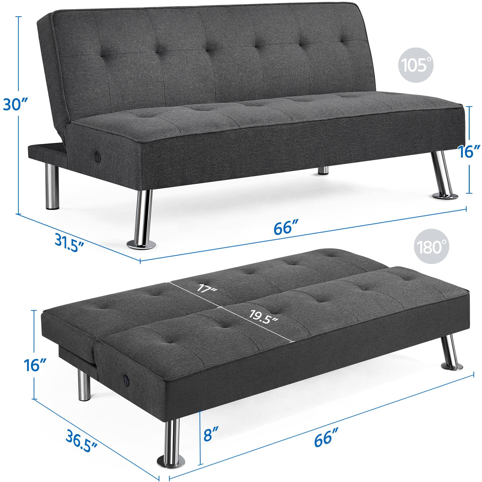 Topeakmart Fabric Futon Sofa, Convertible Futon Bed, Folding Couch, Sectional Sleeper Sofa for Small Space with USB Ports, Folding Sofa for Compact Living Space, Apartment, Office, Living Room Gray