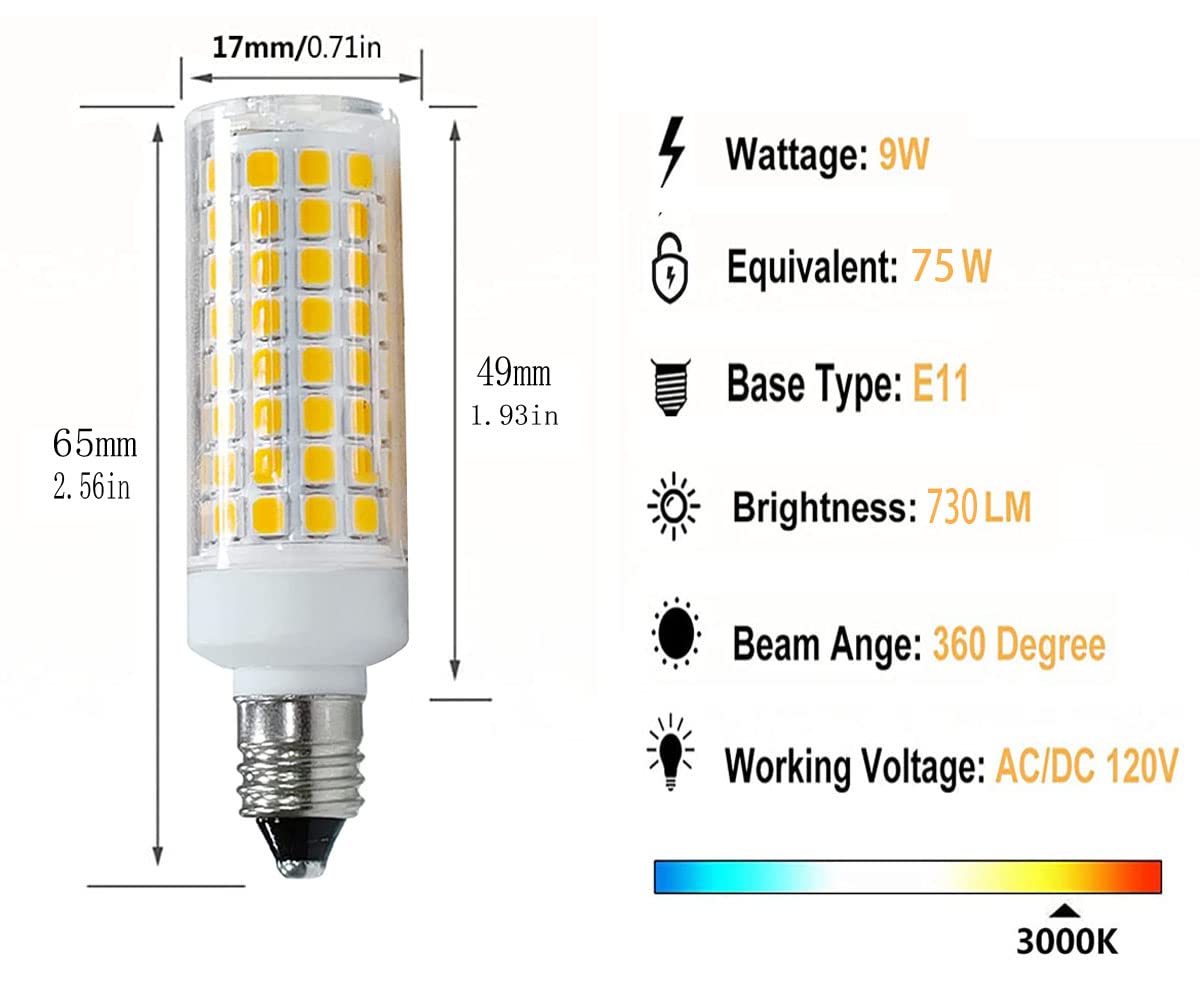 HAOGUAIS 6-Pack LED E11 Bulbs, E11 Mini Candelabra Base, Warm White 3000K 75W Halogen Equivalent, 120V 7W JD T3 T4 Corn Bulb Indoor Lighting