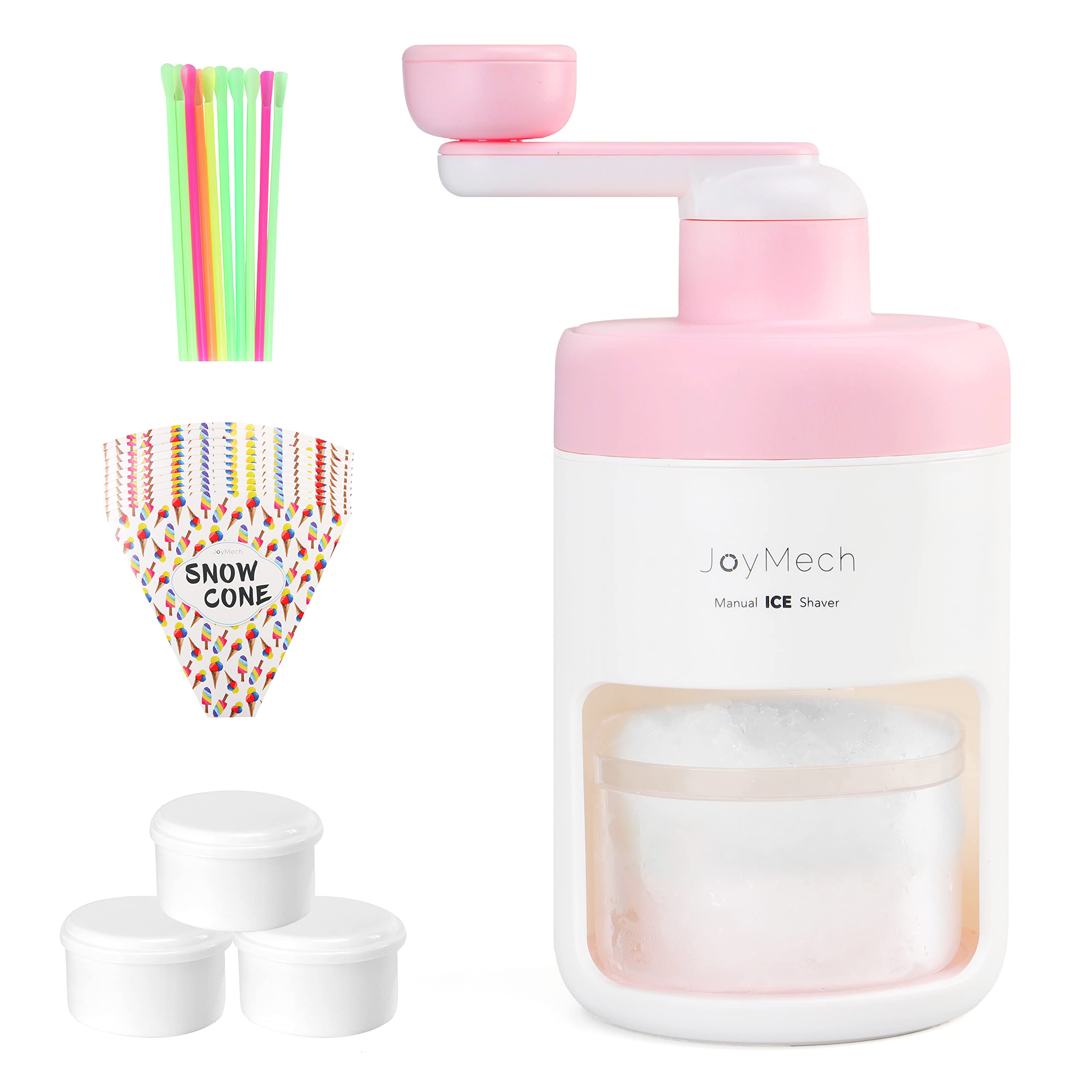 JoyMech Manual Shaved Ice Maker Machine Set with 10 Cardboard Cones, 10 Slushy Straws and 3 Ice Trays, Instant Ice Shaver, Snow Cone Machine, Ideal for making Snowcones and Slushy (Pink)