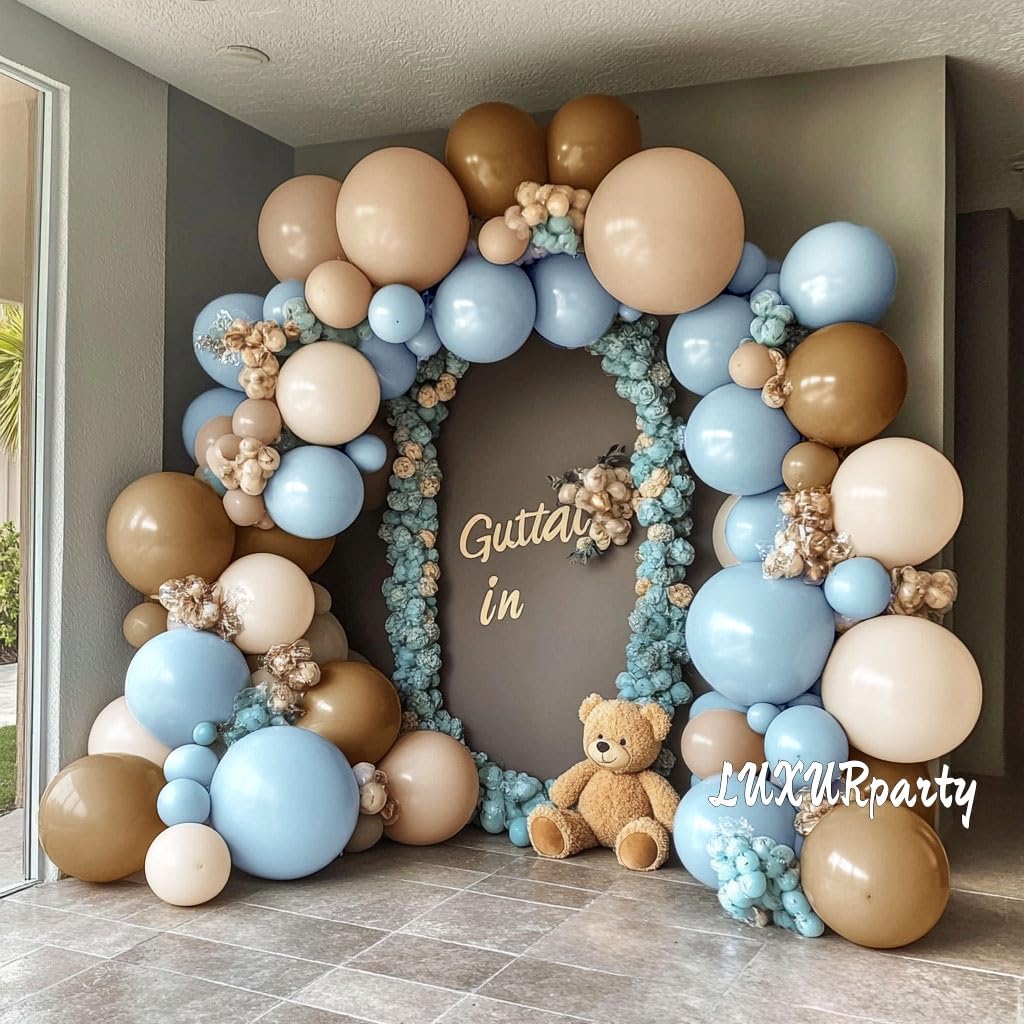 Blue Brown Nude Balloon Garland Double Stuffed Dusty Blue Coffee Pastel Balloon Kit for Teddy Bear Baby Shower Boy Birthday Gender Reveal Boho Theme Party Decorations