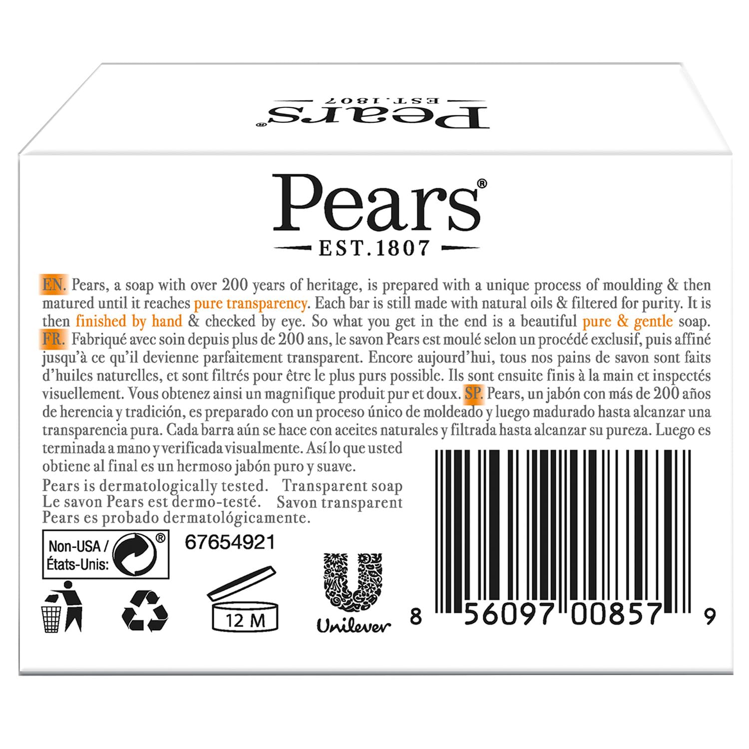 Pears Soap, Face & Body Soap, Amber β Pure & Gentle Transparent Bar Soap, Moisturizing Glycerin Soap with Natural Oils for Pampered, Glowing Skin, 4.4 Oz (Pack of 24)