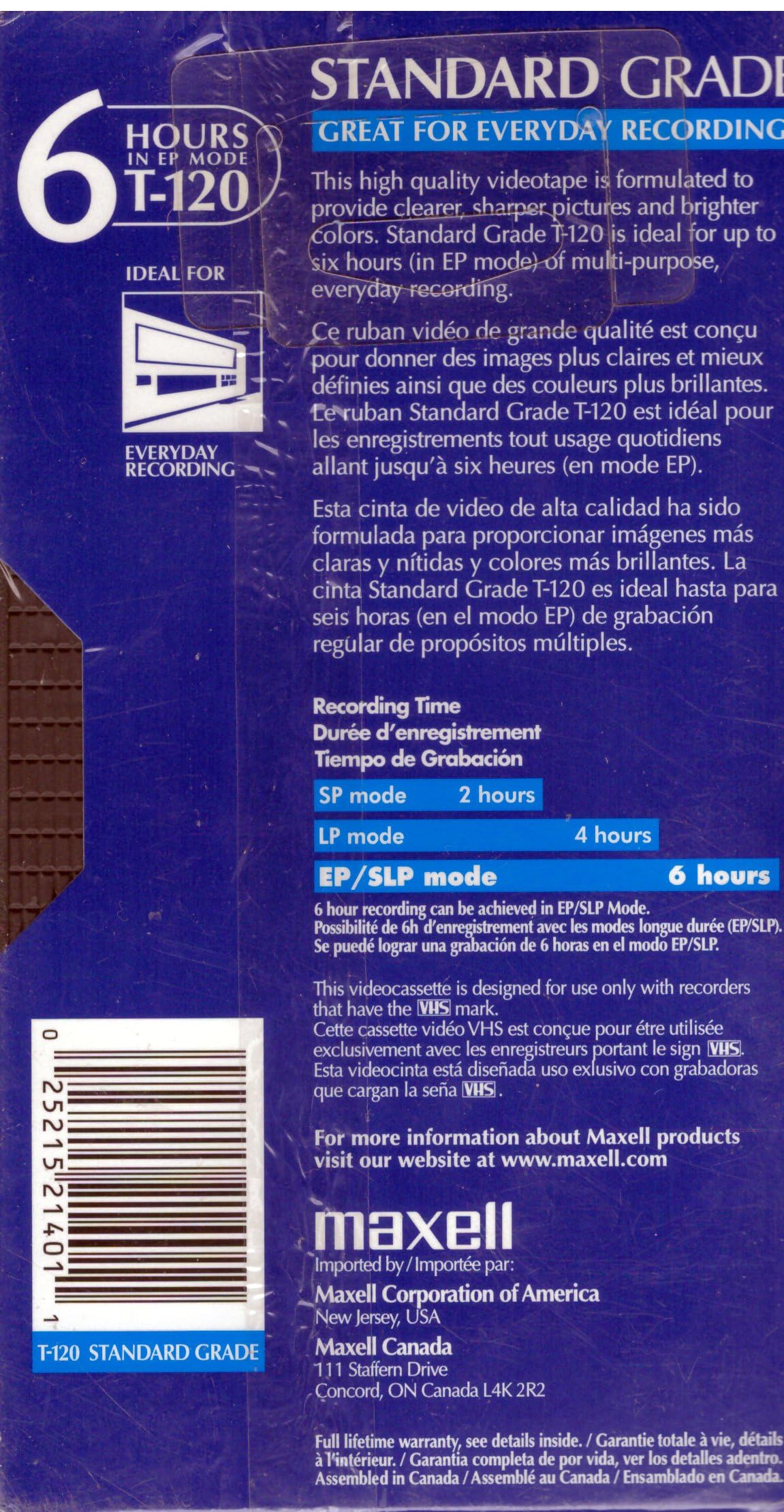 Maxell All-Purpose Standard Grade 6 Hour VHS Videotape Cassette