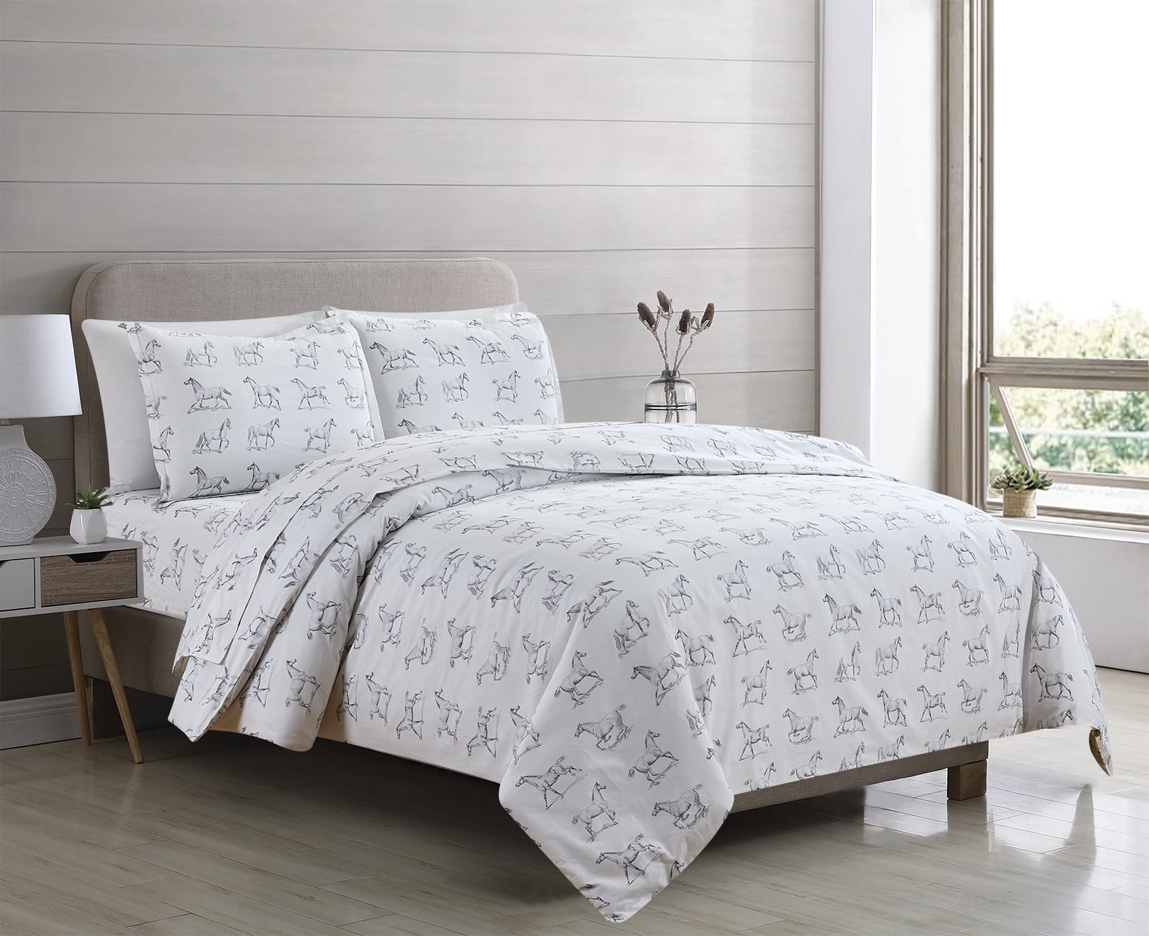 Melange Home Horses 400 Thread Count Cotton Duvet Set, Twin/Twin XL,Grey