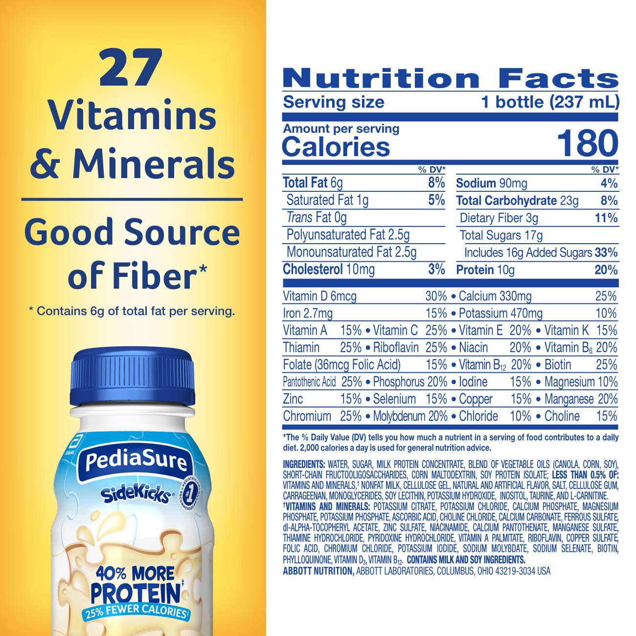 PediaSure SideKicks, High Protein Nutrition Shake for Kids, Vanilla, 8 fl oz (Pack of 24)