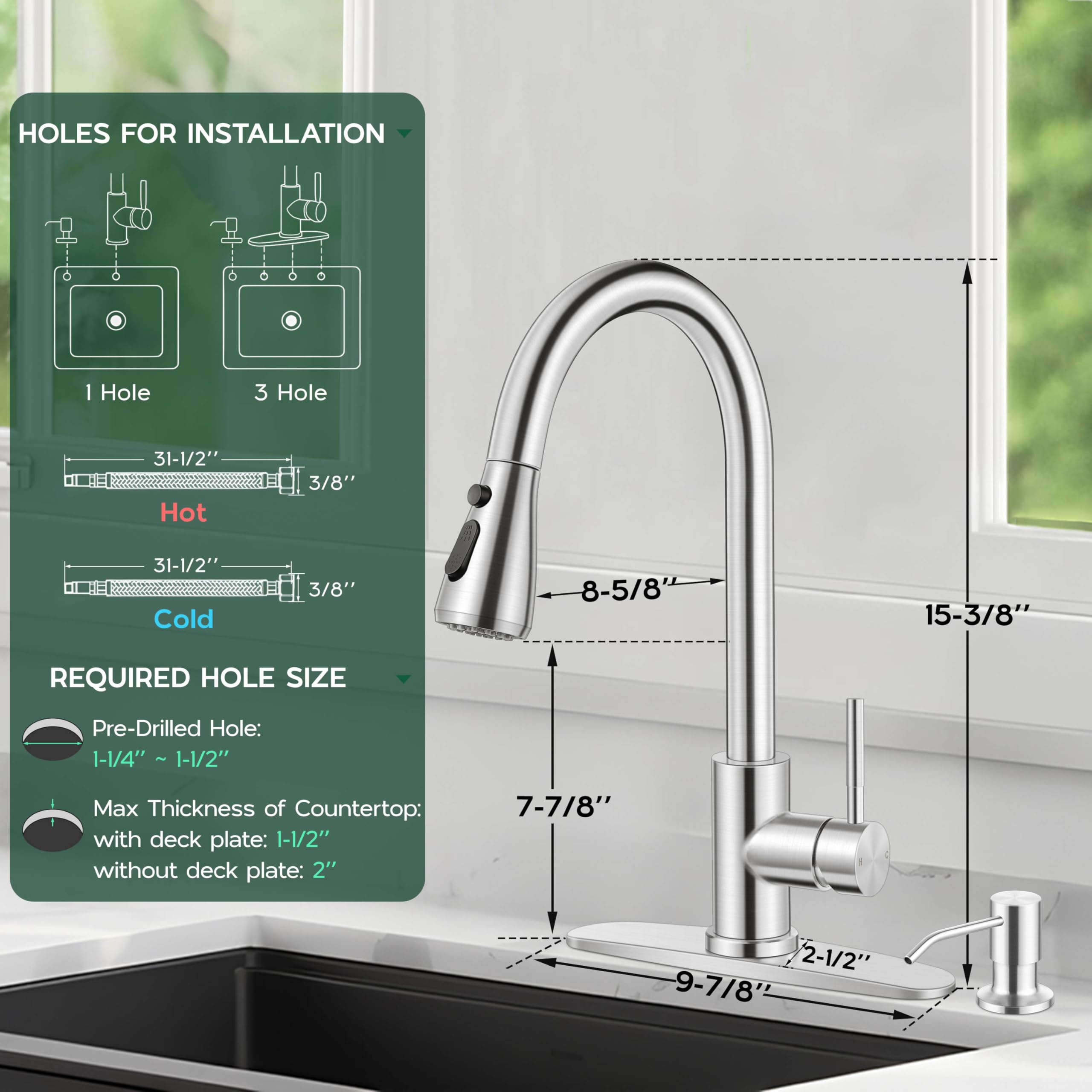 Onader Kitchen Faucet with Pull Down Sprayer Brushed Nickel Faucet with Soap Dispenser Stainless Steel Farmhouse RV Kitchen Sink Faucets