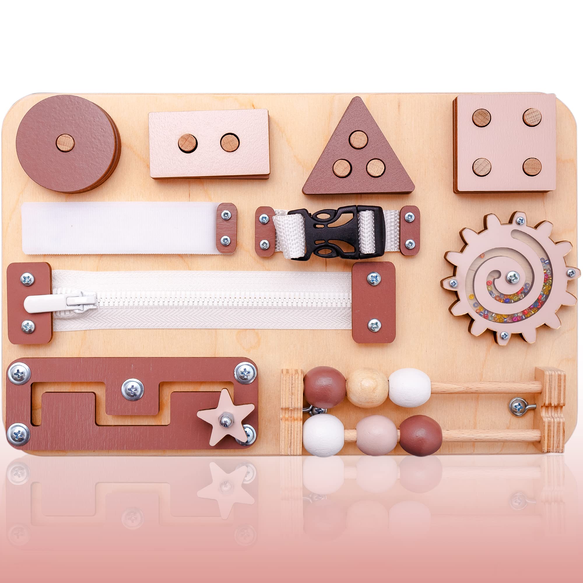 EvoKids Wooden Sorting Stacking Toy Busy Board for Toddlers 3 โ Zipper, Buckle in Handmade Activity Board โ Plane Car Travel Sensory Montessori Developmental Educational Toys for Boy Girl