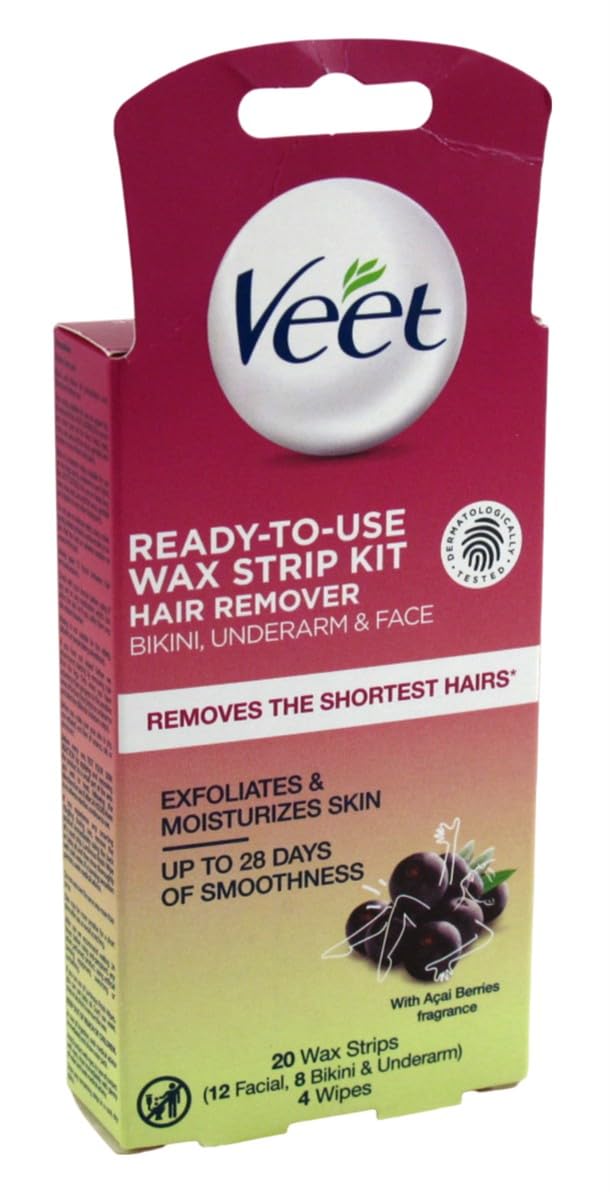 VEET Ready to Use Wax Strips Hair Remover for Body, Bikini & Face 20 ea (Pack of 2)