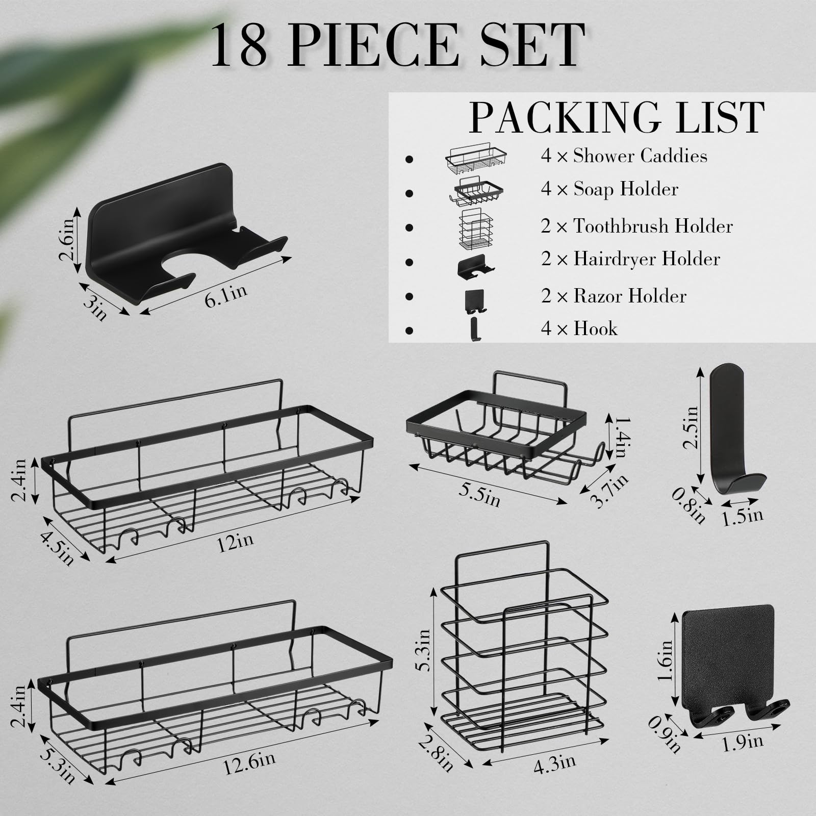 Blulu 18 Pcs Shower Caddy Bathroom Organizer Set Include Adhesive Black Bathroom Shelves Soap Caddy Toothbrush Holder Hair Dryer Holder Wall Mount Razor Holder Adhesive Hooks for Storage Washcloth
