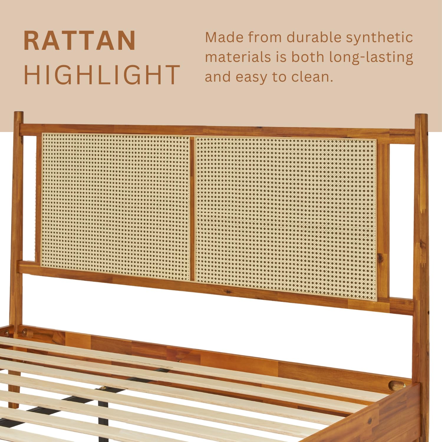 Bme Oliver Headboard Queen Size Bed Frame - 15-Inch Signature Design with Rattan Headboard, Bohemian and Mid Century Style, 12-Slat Wood Support, No Box Spring Needed - Easy Assembly, Caramel