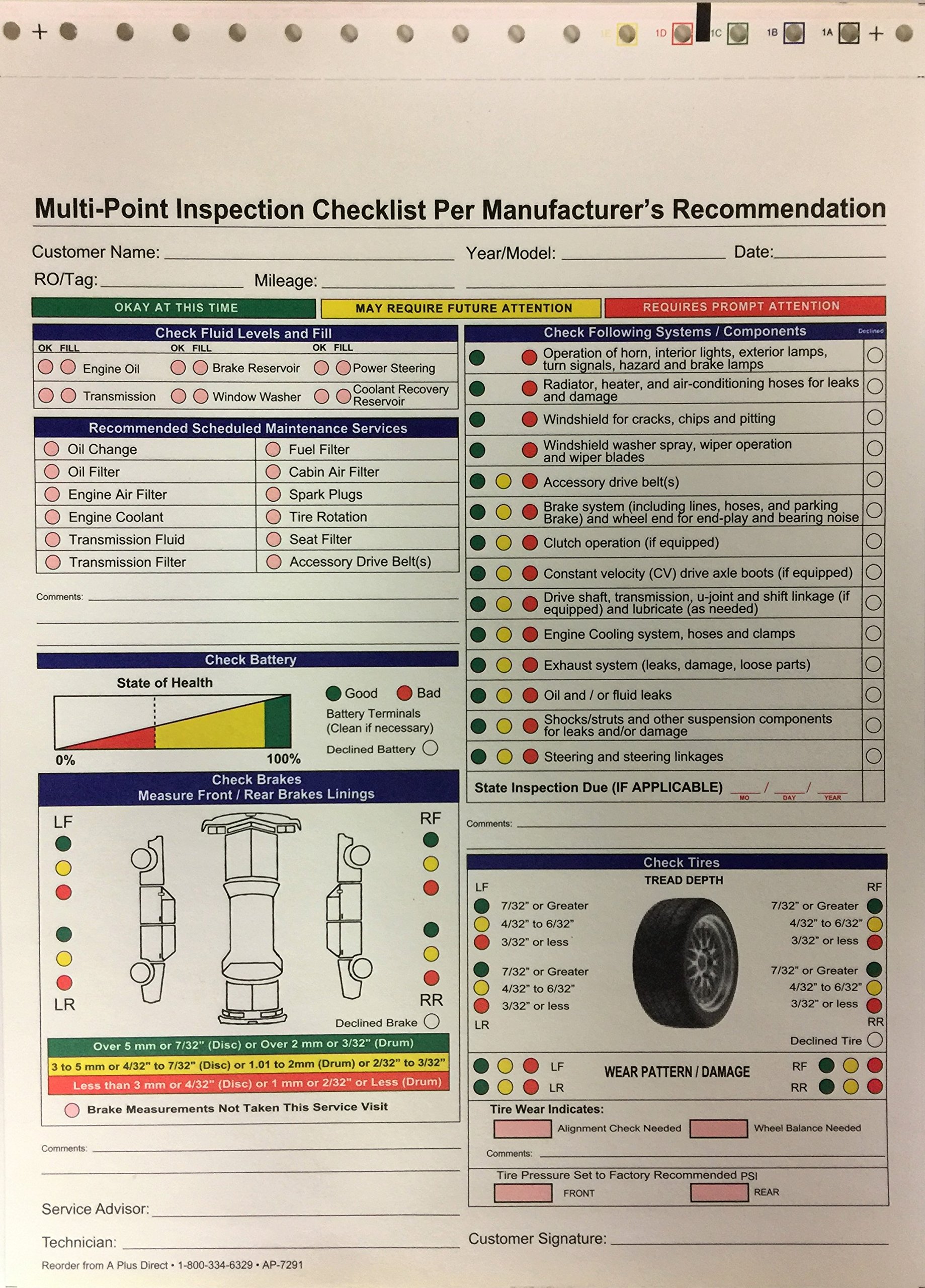 Vehicle Multi-Point Inspection Forms - (250/pack)