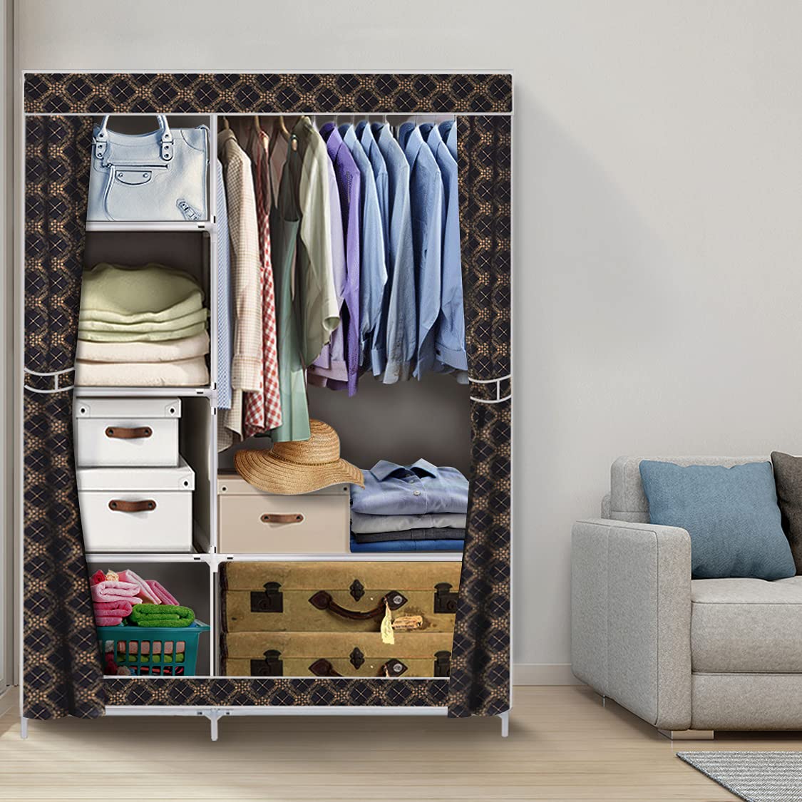 FUNFLOWERS Portable Wardrobe Storage Closet, Clothes Organizer with Non-Woven Fabric, Storage Shelves + Hanging Sections + Side Pockets, Durable & Easy to Assemble, 42" L x 18" W x 67" H, Black