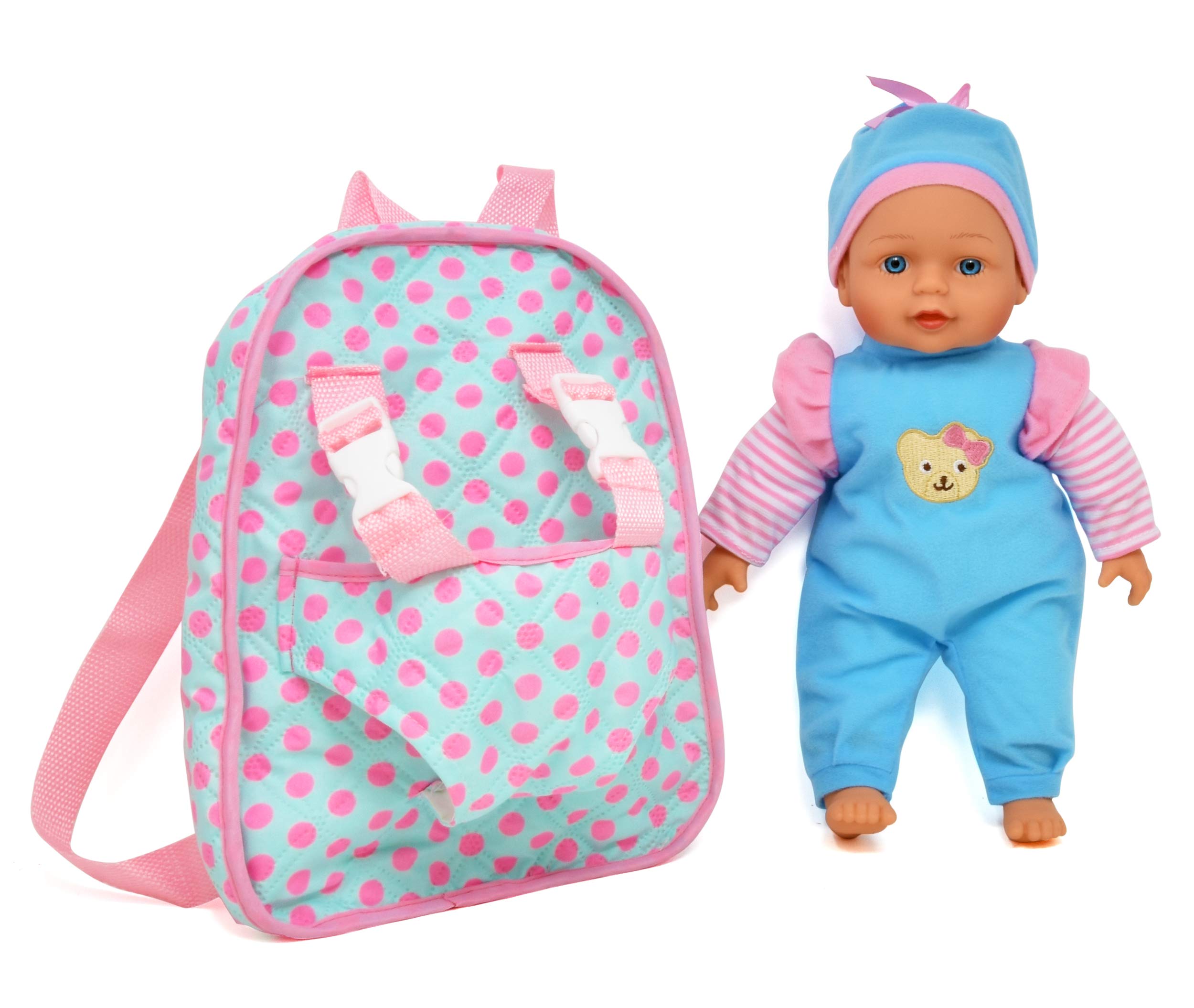 Dolls To Play 13" Soft Baby Doll with Take Along Pink Doll Backpack Carrier, Briefcase Pocket Fits Doll Accessories and Clothing