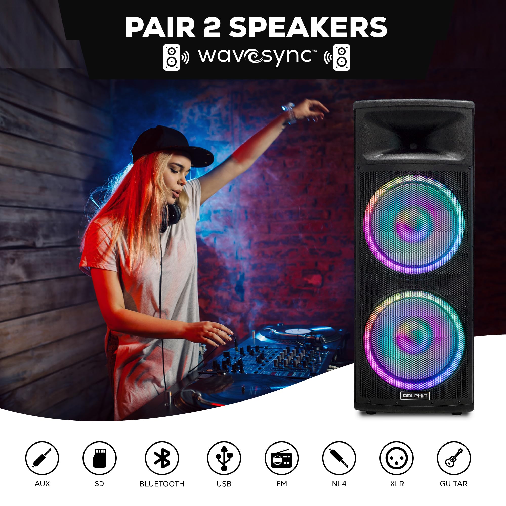 Dolphin SPX-280BT - Powerful DEEP BASS | Dual 15" Woofers, 6500W - Bluetooth Cabinet PA Speaker System with LED Light Show, Ground Shaker, Wireless Mic