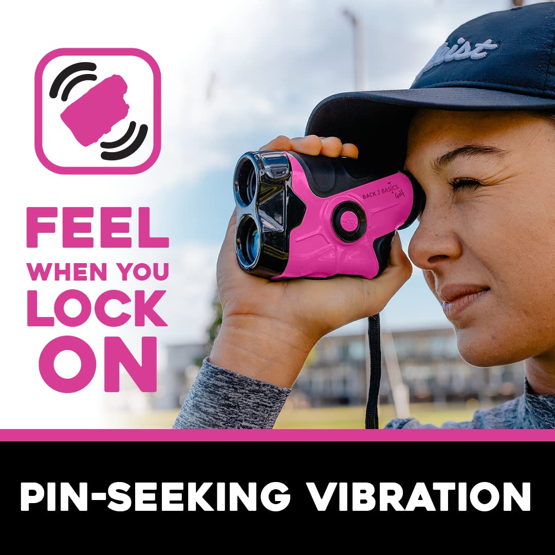 BACK 2 BASICS GOLF | Pro Vision Golf Rangefinder with Slope, 8X Zoom, 800 Yards | Pink | Waterproof Range Finder with 3 Modes | Adjustable Lens | Golf Distance Yardage Device | Premium Golf Gear