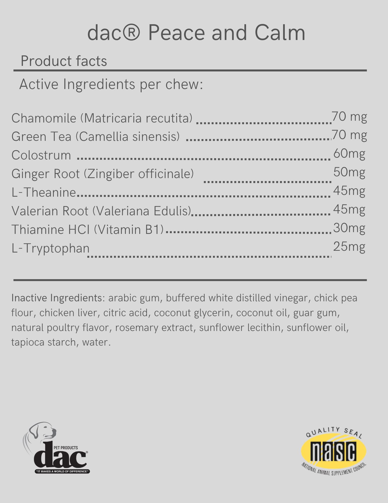 dac Peace and Calm Soft Chews- Helps Promote Relaxation, Reduce Anxiety, Stress, Noise Anxiety, and Motion Sickness with Travel.