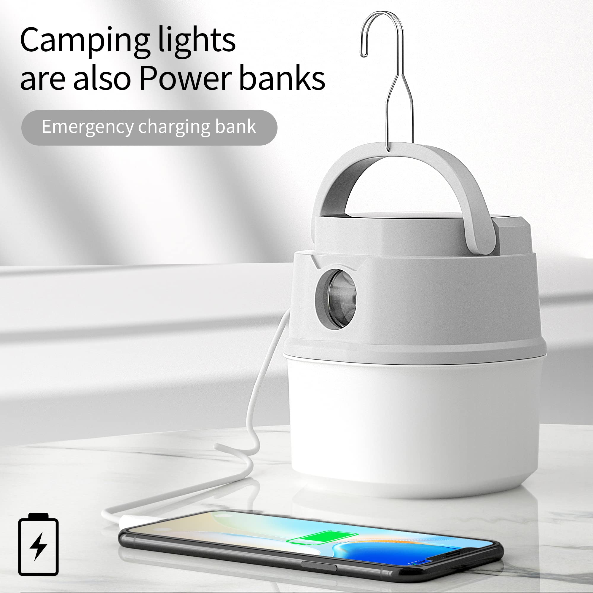 UCGG Solar Camping Lantern, Rechargeable LED Camping Lantern, 4 Light Modes One-Button Switching, Standby Charging Bank, Waterproof, for Hurricane Emergency, Outdoor, Hiking, Home and Car