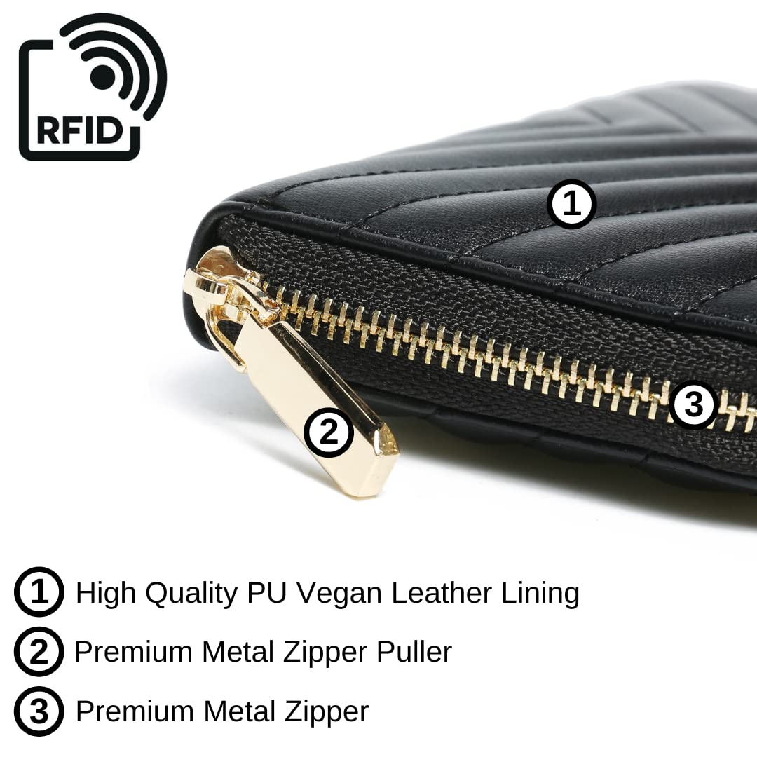 Daisy Rose Women’s Zip-Around Wallet & Phone Clutch with RFID Blocking, PU Vegan Leather (Black)