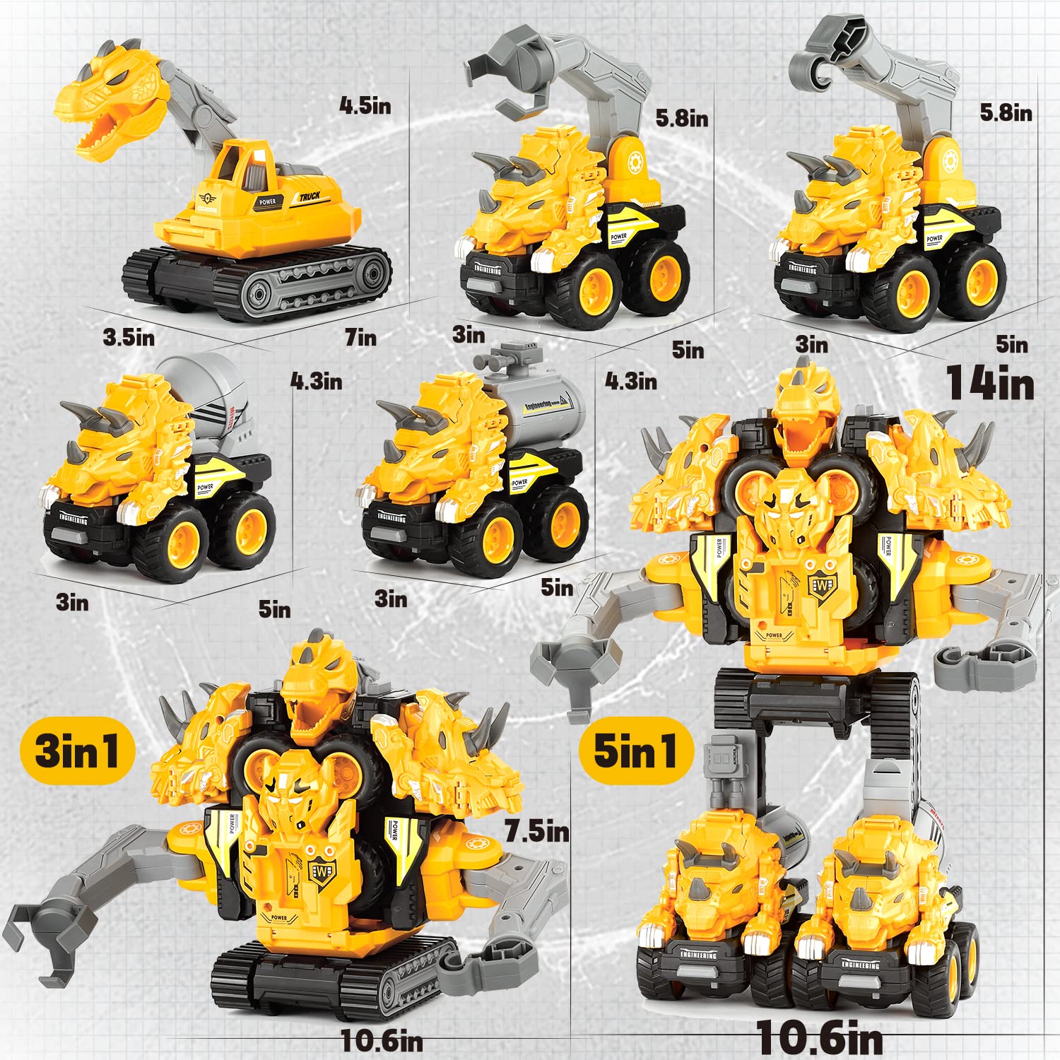 Asoxt Transforming Robot Toys for Toddlers - Build, Play and Learn with Dino and Construction Vehicles,Easy DIY Assembly Function,5 in 1 Educational Toys