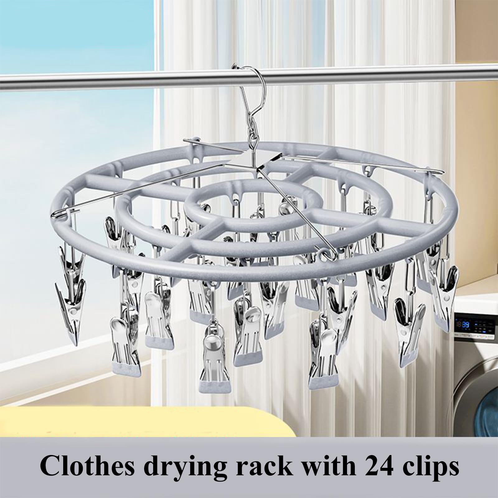 Autminia Stainless Steel Clothes Sock Drying Rack with 24 Clips, Swivel Hook Windproof Clothes Hanger Rack for Sock, Bras, Towel, Underwear, Laundry Clothes, Hat, Scarf, Pants, Gloves (Gray Clips)
