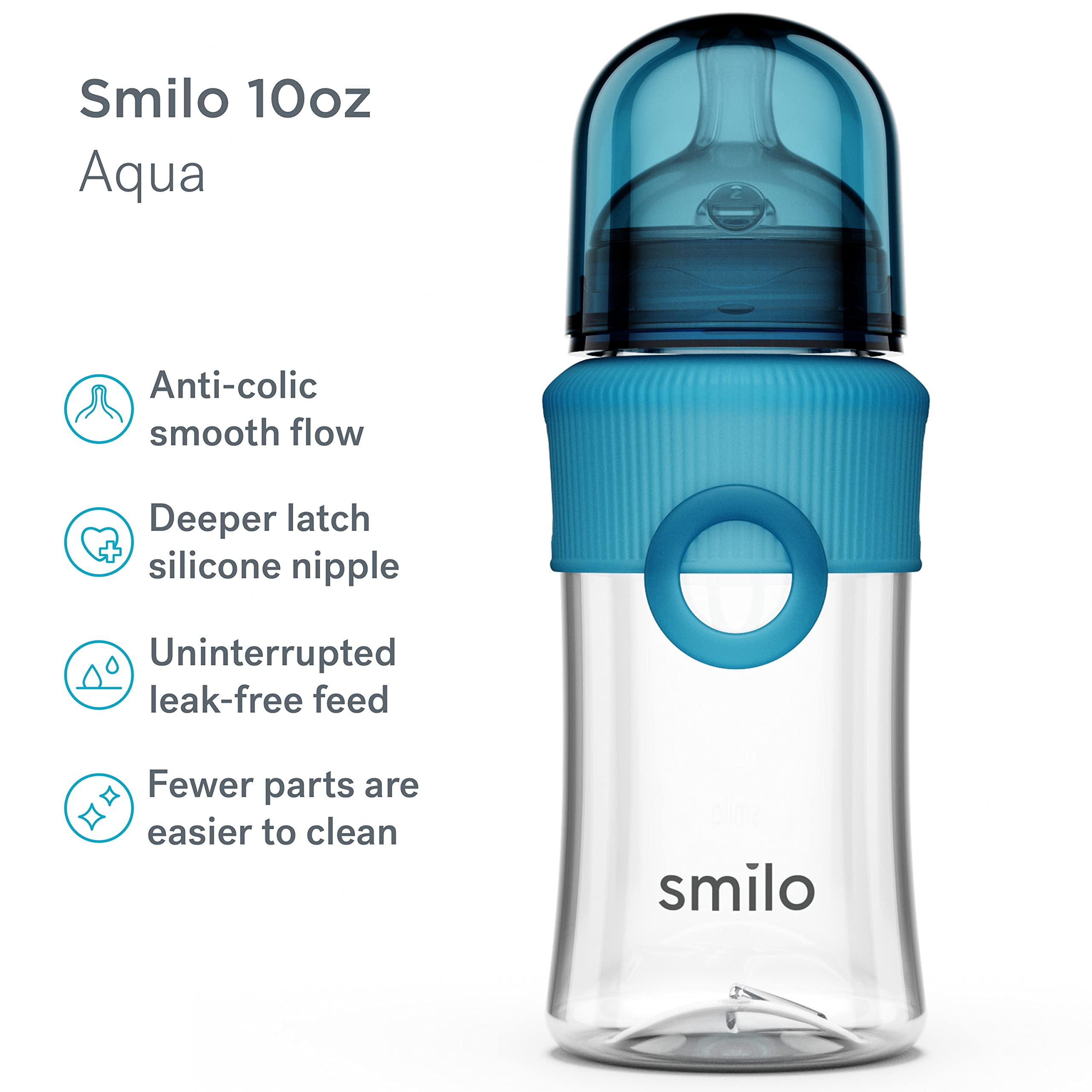 Smilo Baby Bottle Set with Stage 0 Slow Flow Anti Colic Nipple, 10 Oz / 300 ml Capacity, 3X Pack of Anti Colic Baby Bottles 0-3 Months - Aqua Blue
