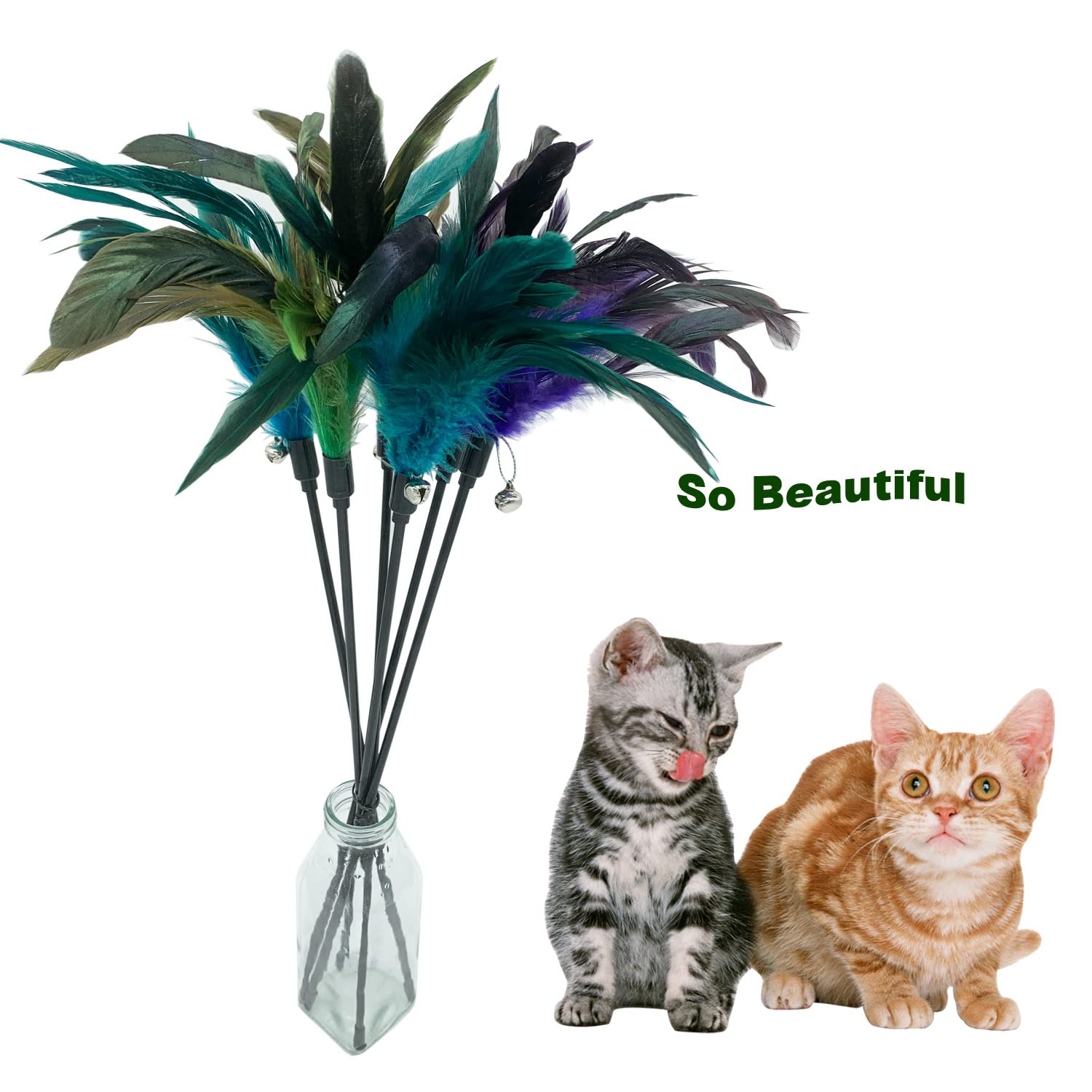 CATENESS Cat Wand Toy Feather Stick Cat Toys, 8 PCS Cat Feather Wand Toys, Interactive Cat Toy Feather Wand for Indoor Cats