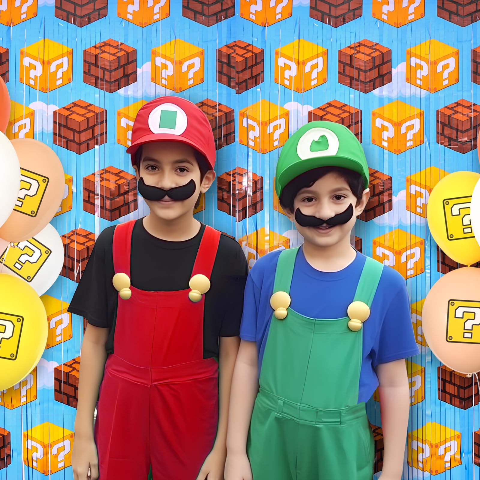 Bupelo Super Bros Birthday Party Supplies, 2 Pack Question & Brick Tinsel Foil Fringe Curtains, Super Game Themed Photo Booth Prop Party Backdrop, Super Bros Party Decorations Room Decor for Kids