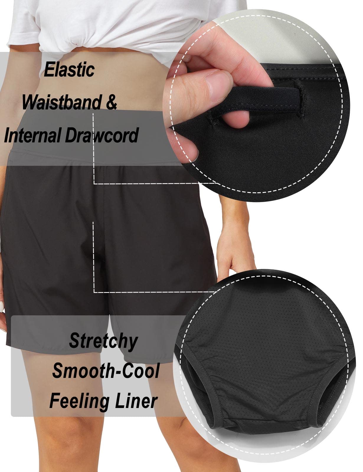 ALWZ-RDY Women Long Athletic Shorts Lightweight 7 inch Quick-Dry Running Shorts with Mesh Liner Back Zipper Pocket Black
