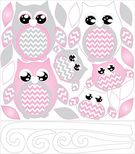 Pink Owl Wall Decals Stickers Owl Children's Nursery Wall Decor (Grey and Pink Owl Wall Decals)