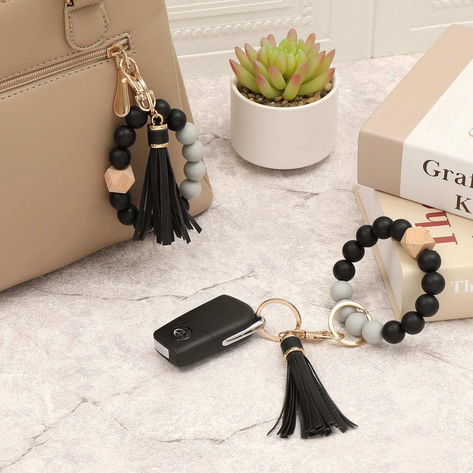 Alysha 2PCS Silicone Beaded Bracelet Keychain, Key Ring Bangle Wristlet Keychain with Leather Tassel for Women/Girls(Cow)