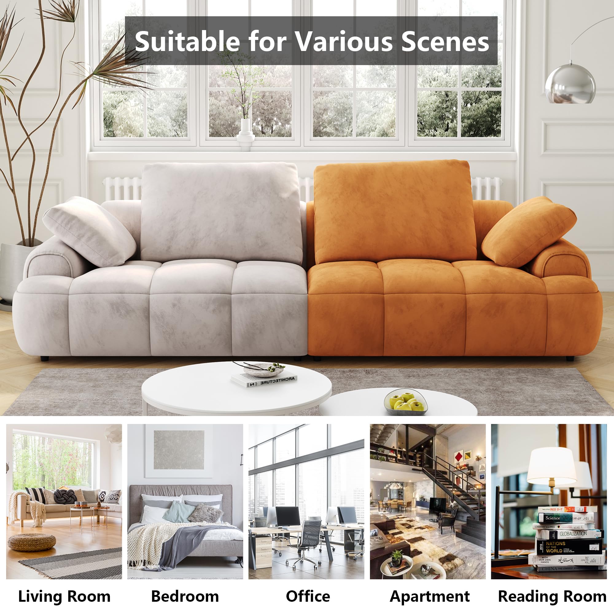 blackwolf Modern Loveseat Sofa, Luxury 86.6″ Large Size 3 Seater Couch, Comfy Sectional Cloud Sofa Couches for Living Room, Bedroom, Apartment, Suede Fabric(Beige and Yellow)